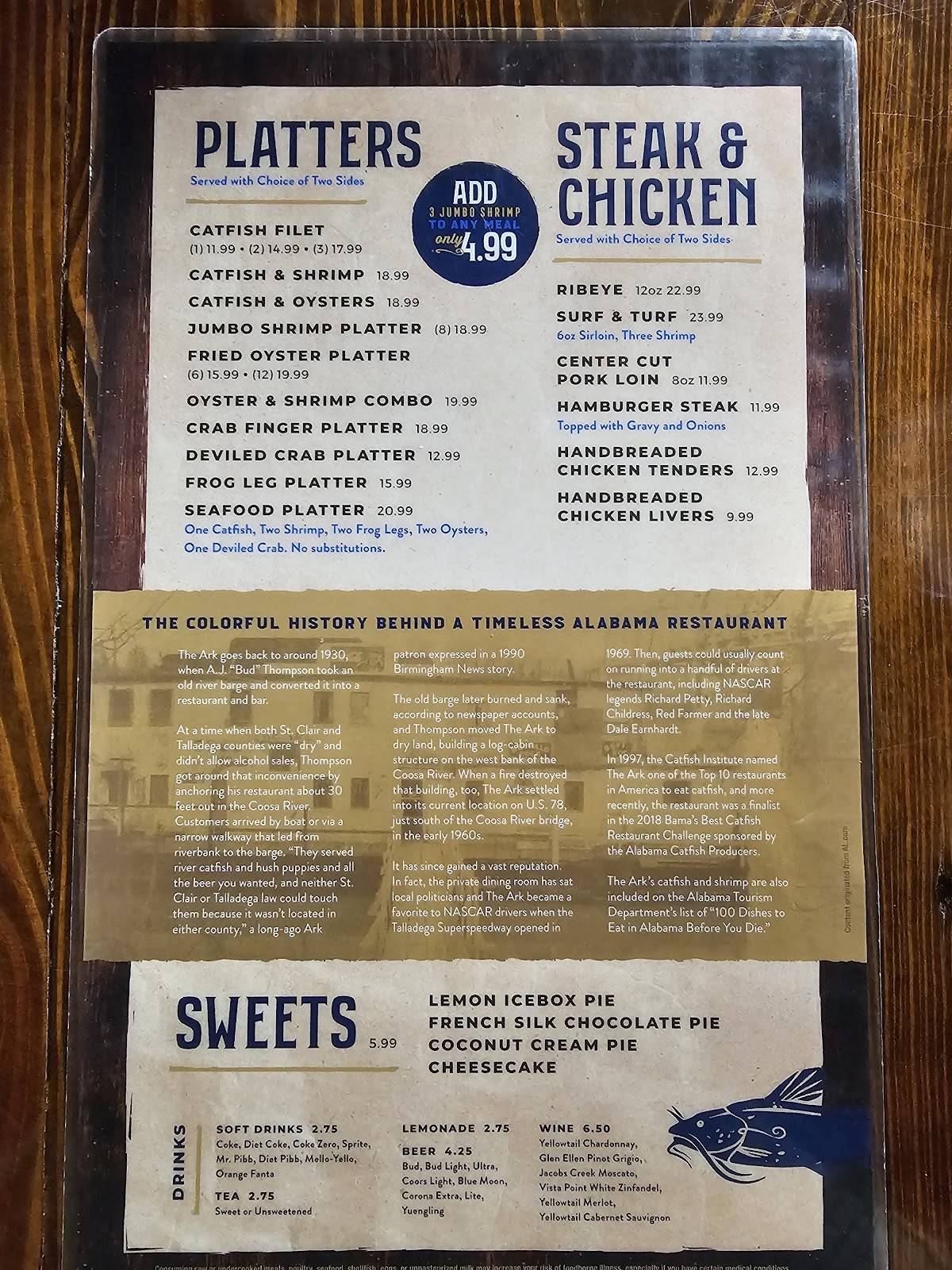 Menu at The Ark restaurant, Riverside, US-78