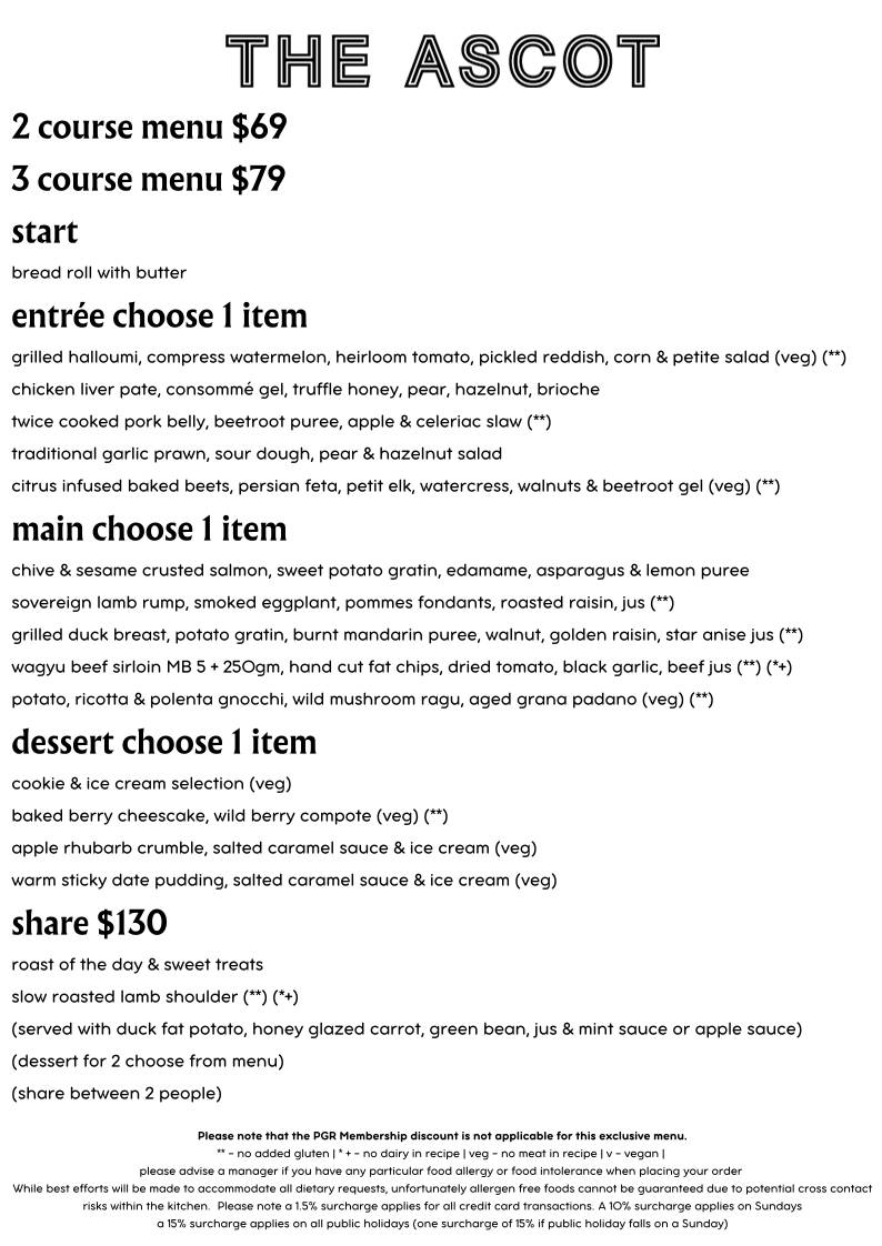 Menu at The Ascot restaurant, Mascot, Sydney Airport