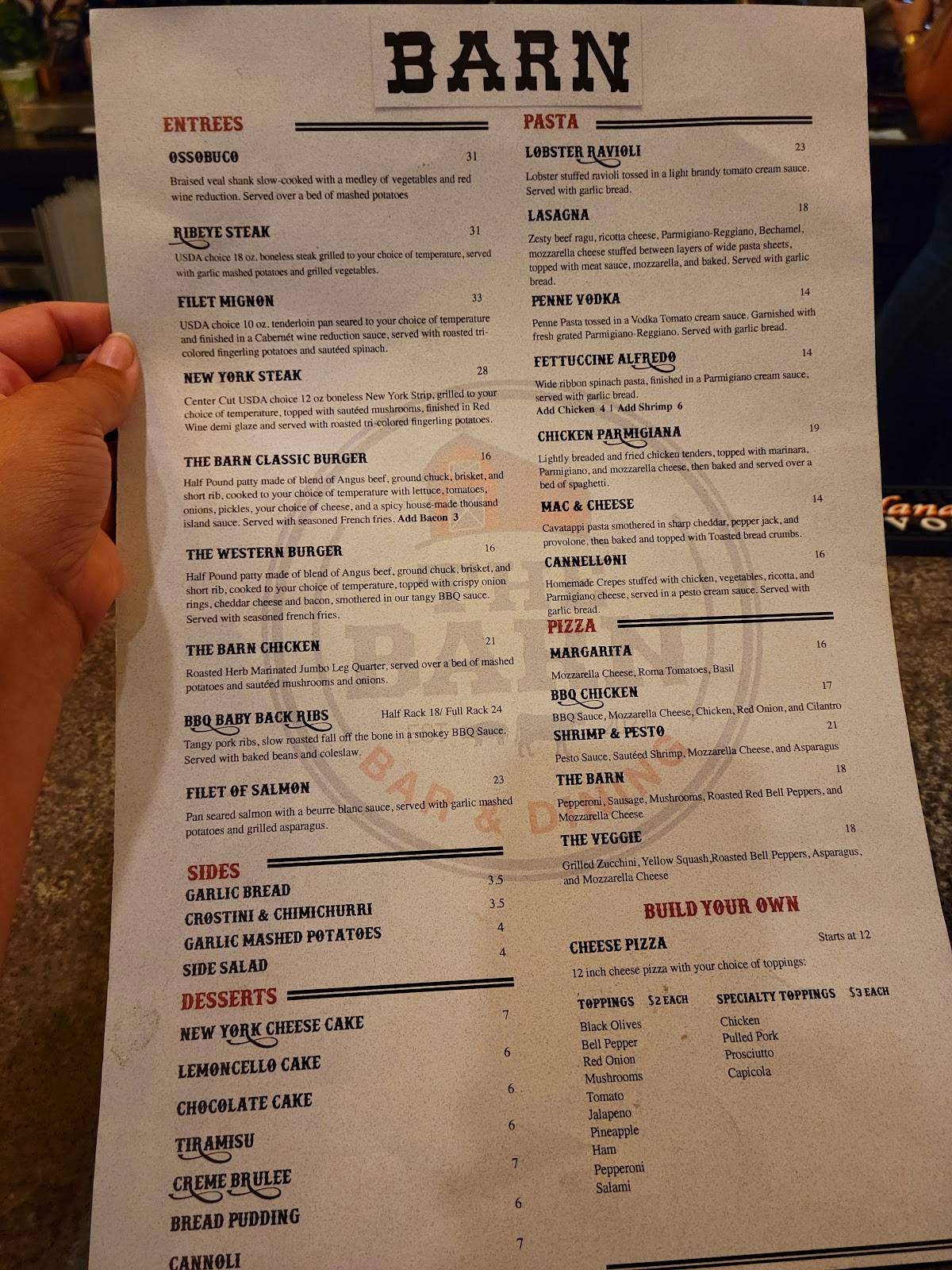 Menu at The Barn - Bar and Dining, Ramona