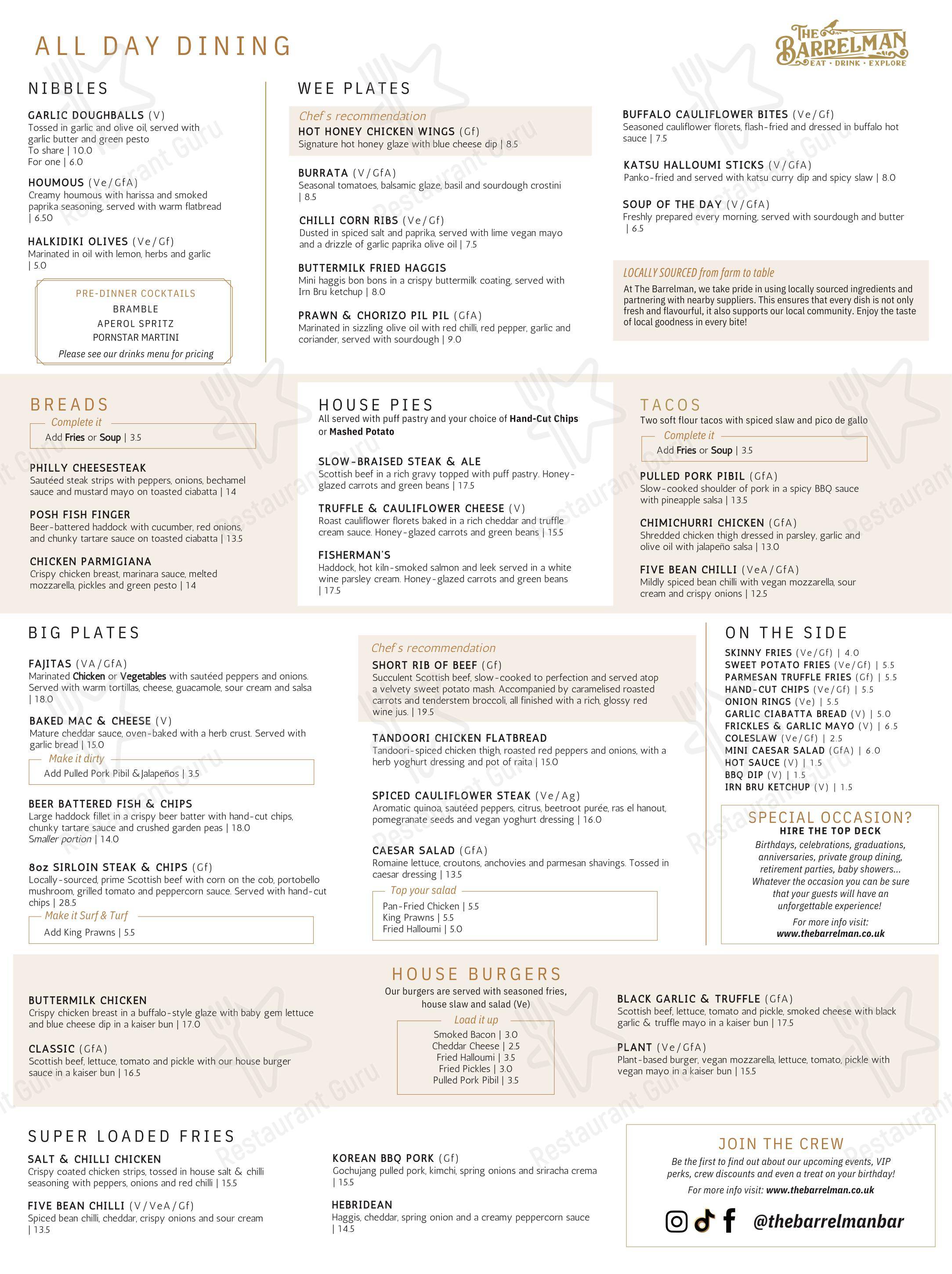 Menu at The Barrelman, Dundee
