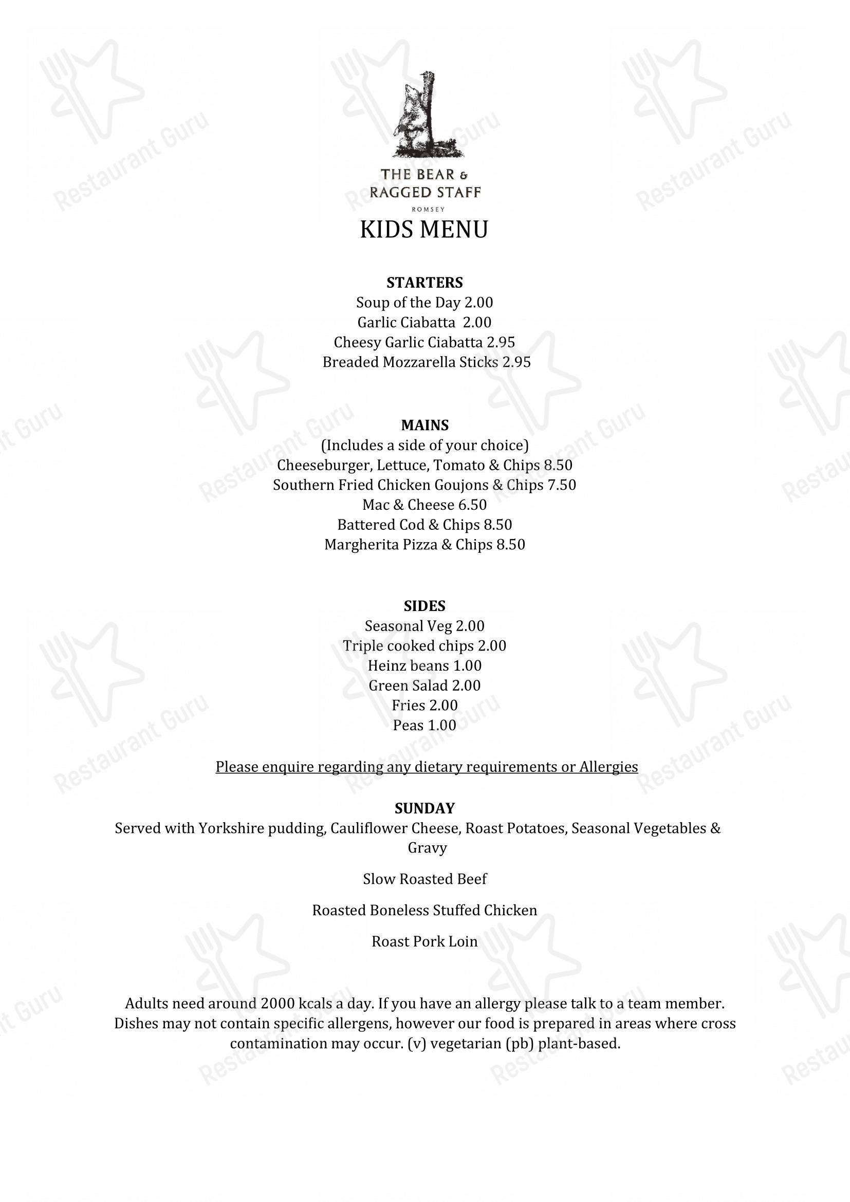 Menu at The Bear & Ragged Staff, Romsey pub & bar, Romsey