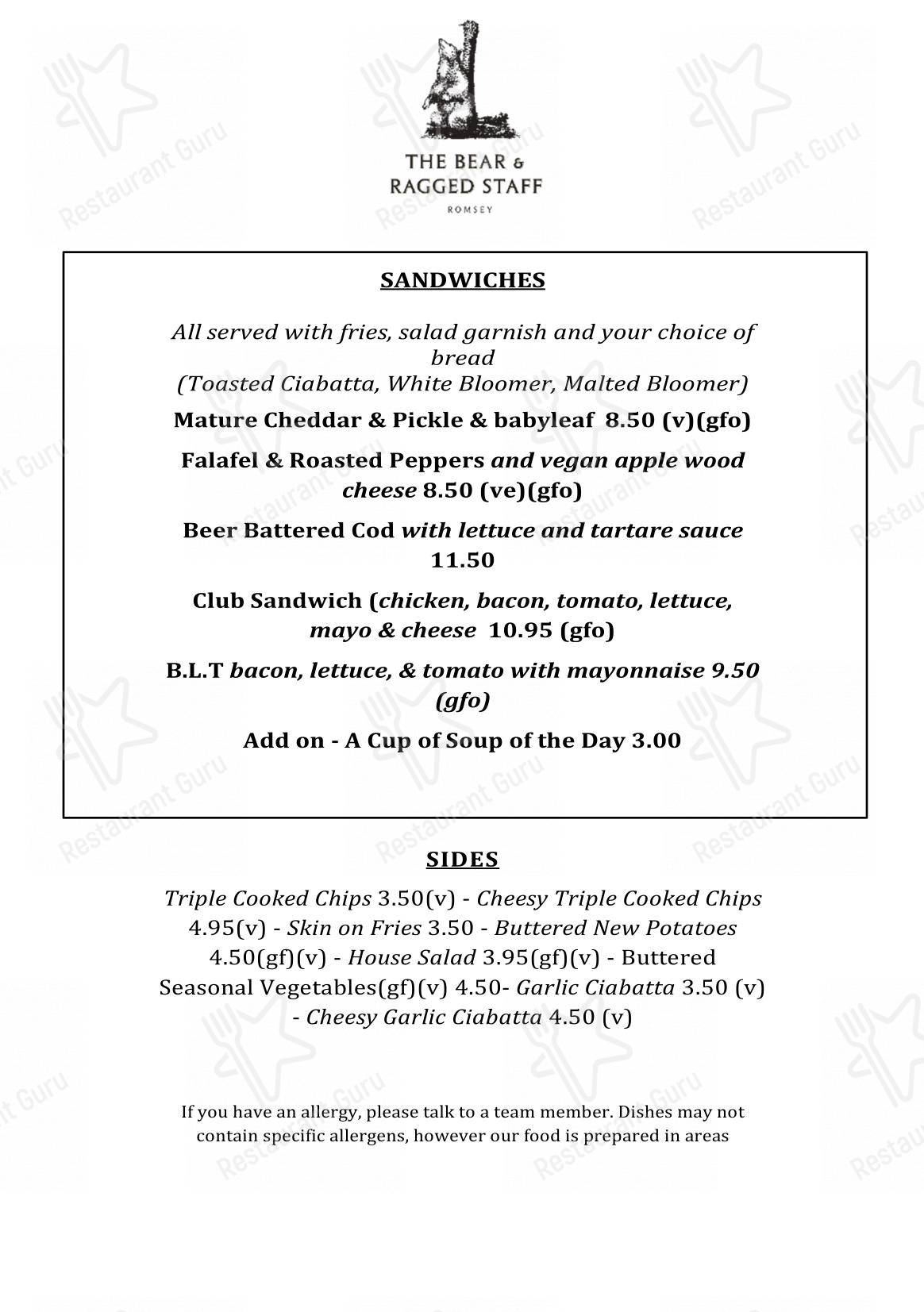 Menu at The Bear & Ragged Staff, Romsey pub & bar, Romsey