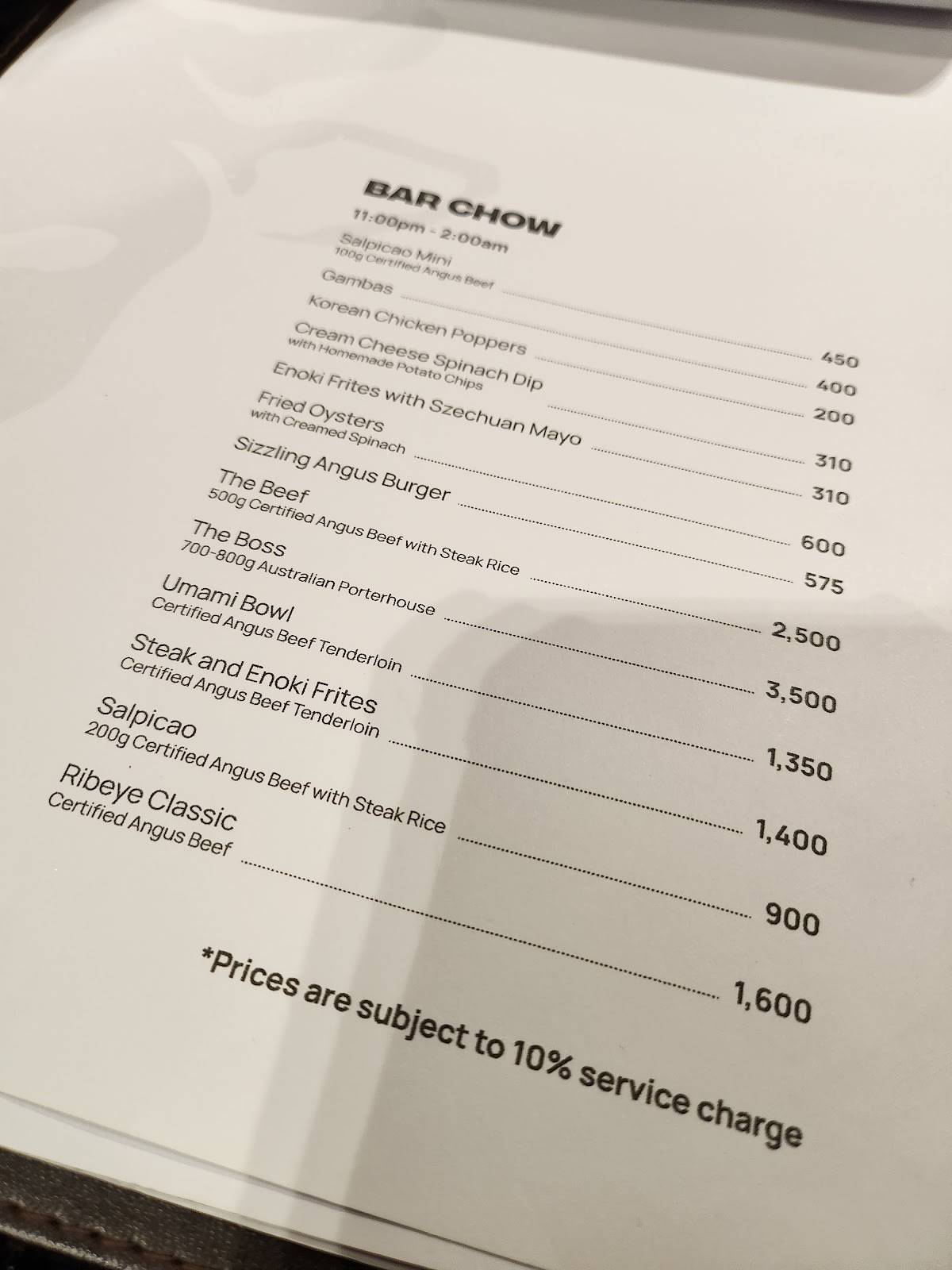 Menu at The Beef Bar, Muntinlupa
