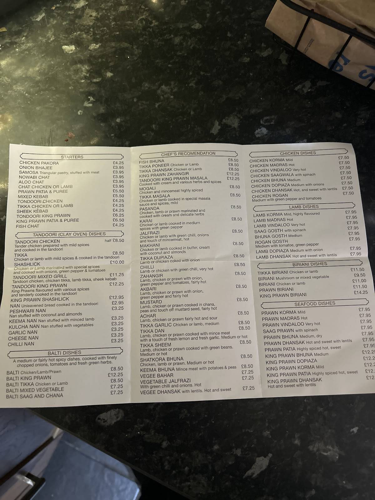 Menu at The Bengal Lancer restaurant, Tetbury