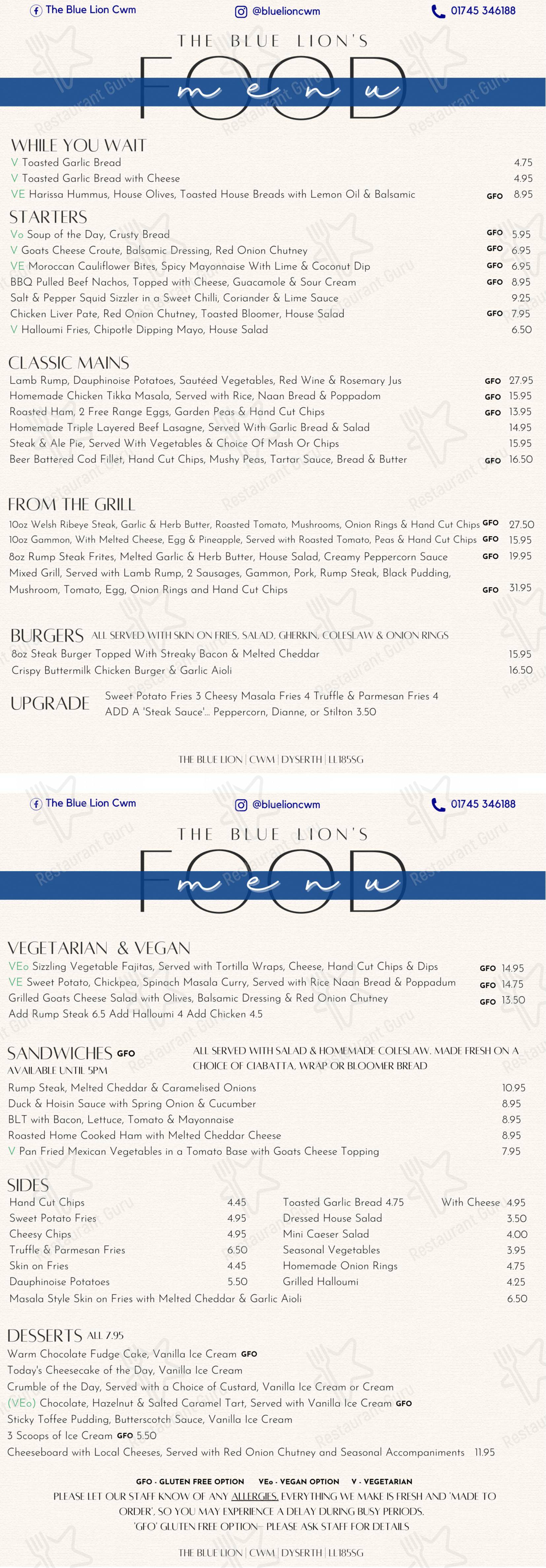 Menu at The Blue Lion Inn Cwm restaurant, Dyserth, Cwm Dyserth