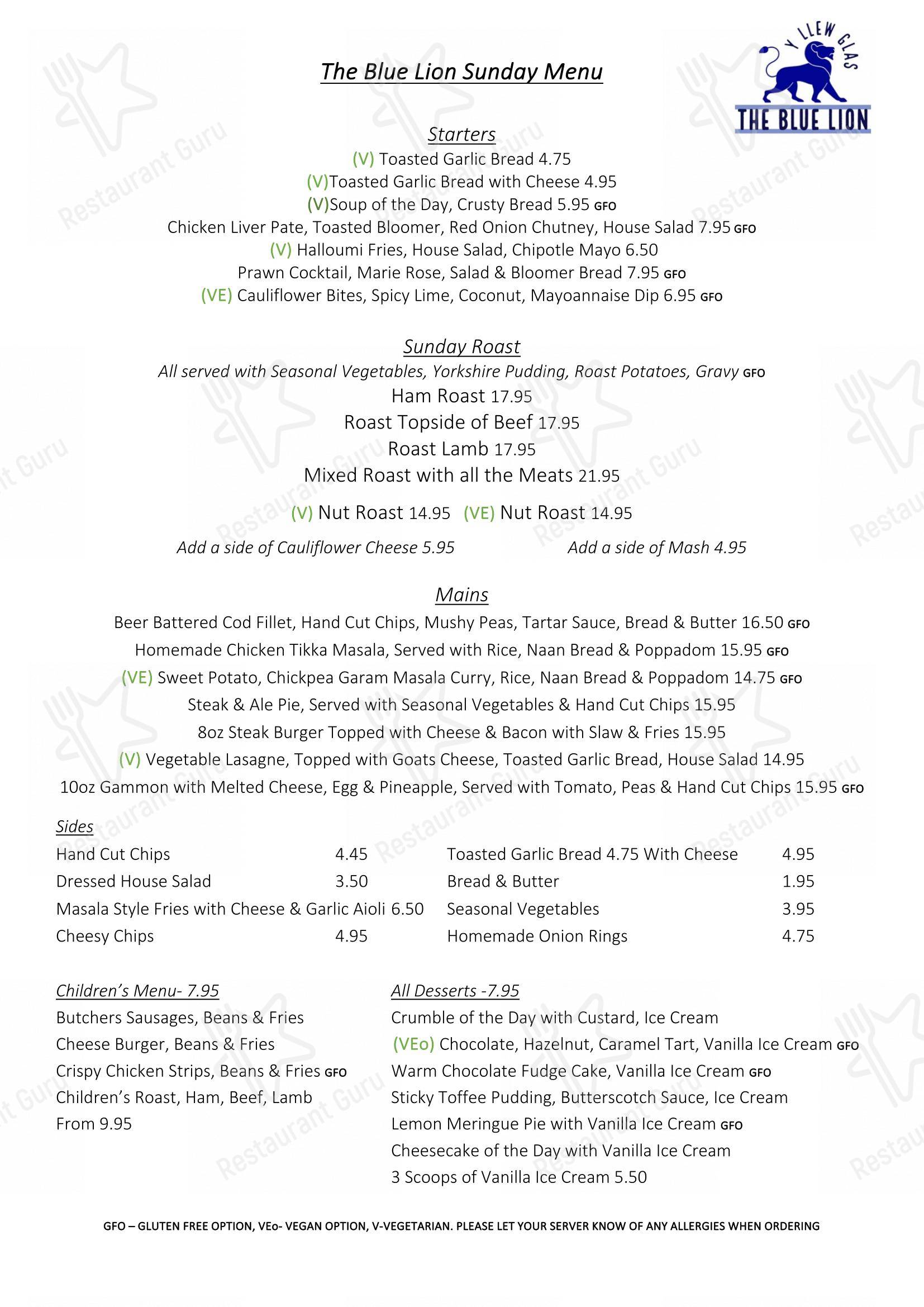Menu at The Blue Lion Inn Cwm restaurant, Dyserth, Cwm Dyserth