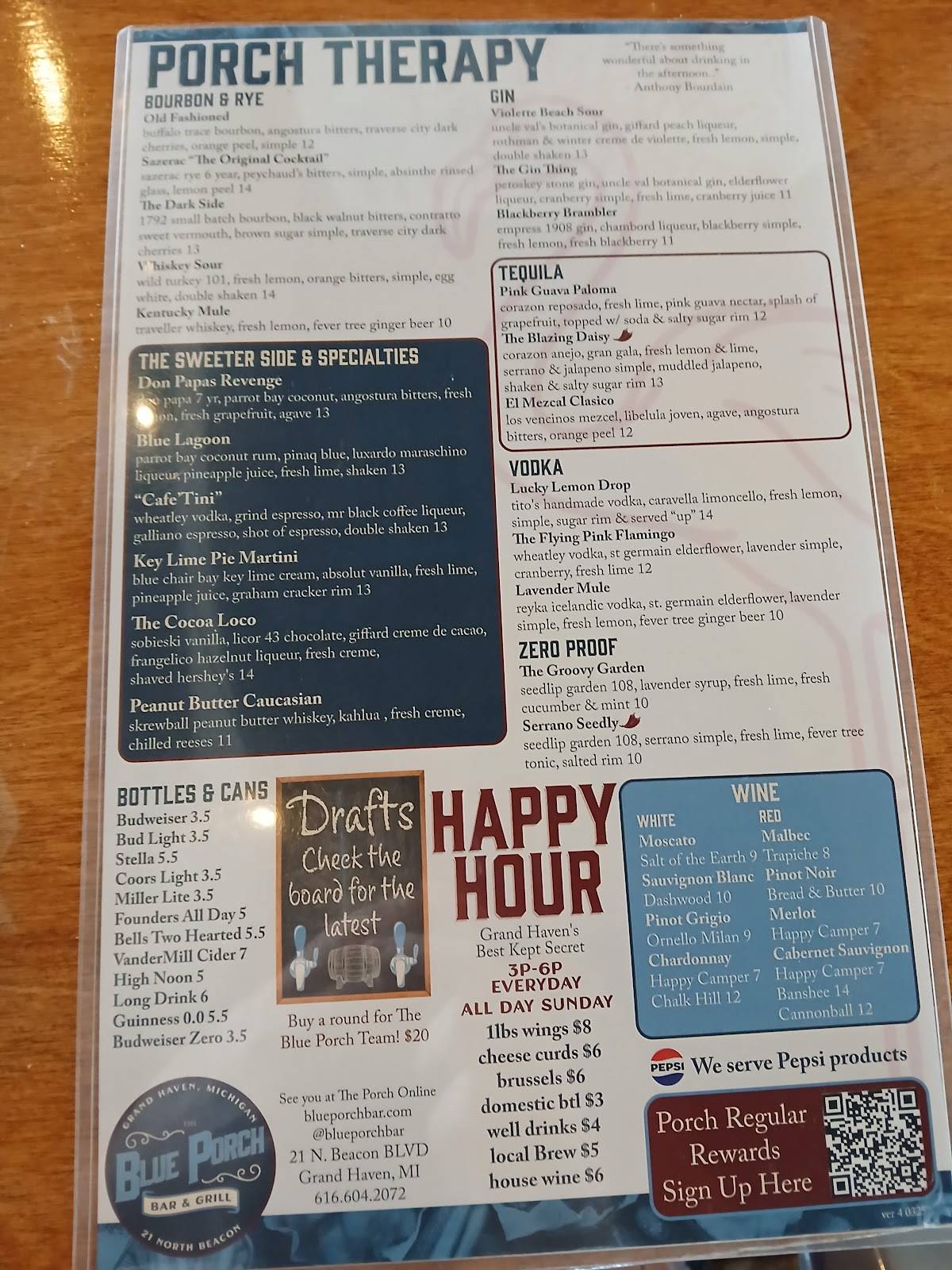 Menu at The Blue Porch Bar & Grill, Grand Haven