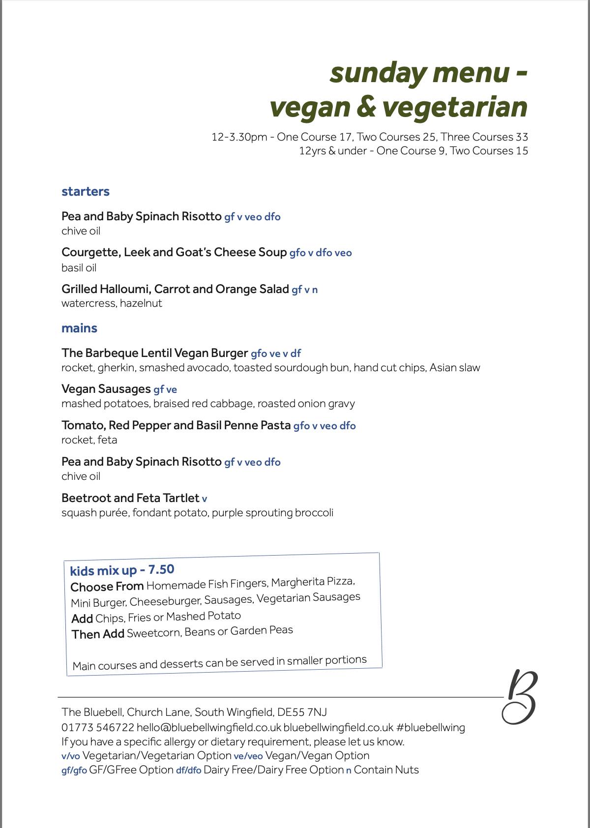 Menu at The Bluebell restaurant, Alfreton