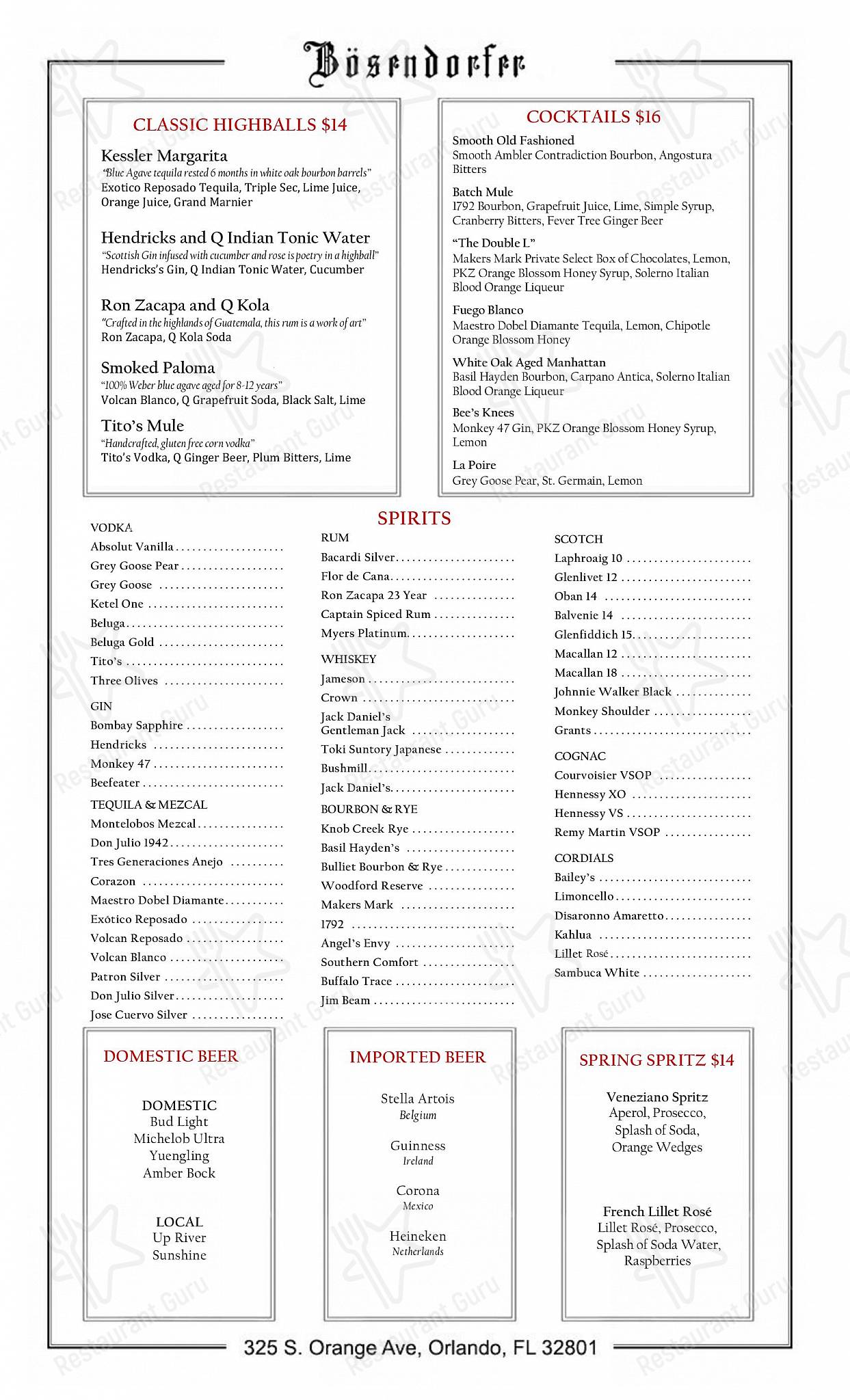 Menu at The Boheme pub & bar, Orlando, Grand Bohemian Hotel Orlando
