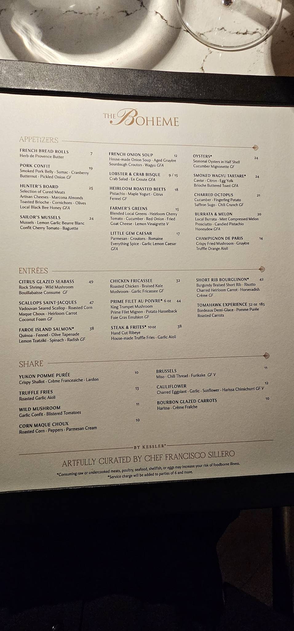 Menu at The Boheme pub & bar, Orlando, Grand Bohemian Hotel Orlando