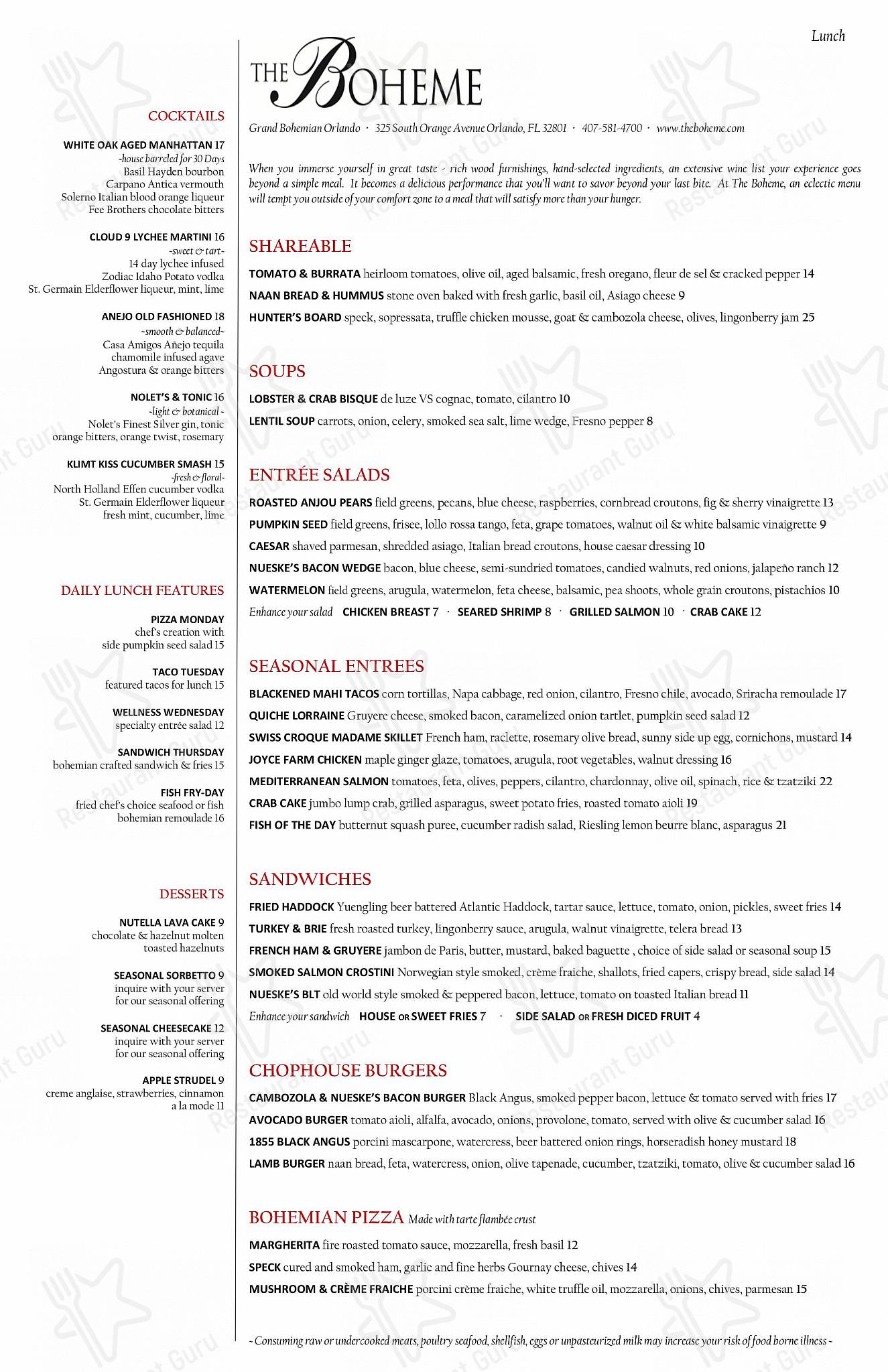 Menu at The Boheme pub & bar, Orlando, Grand Bohemian Hotel Orlando