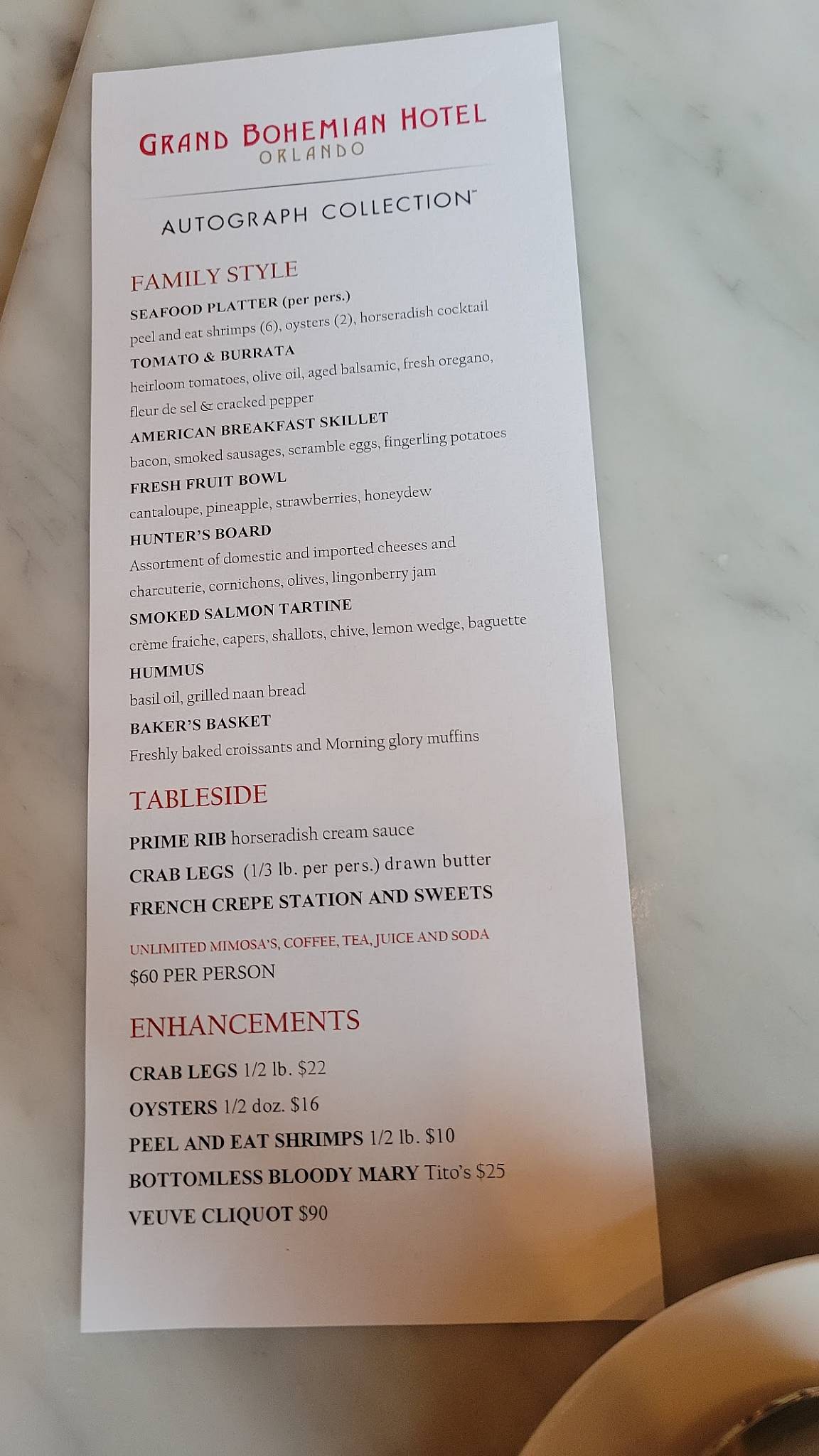 Menu at The Boheme pub & bar, Orlando, Grand Bohemian Hotel Orlando