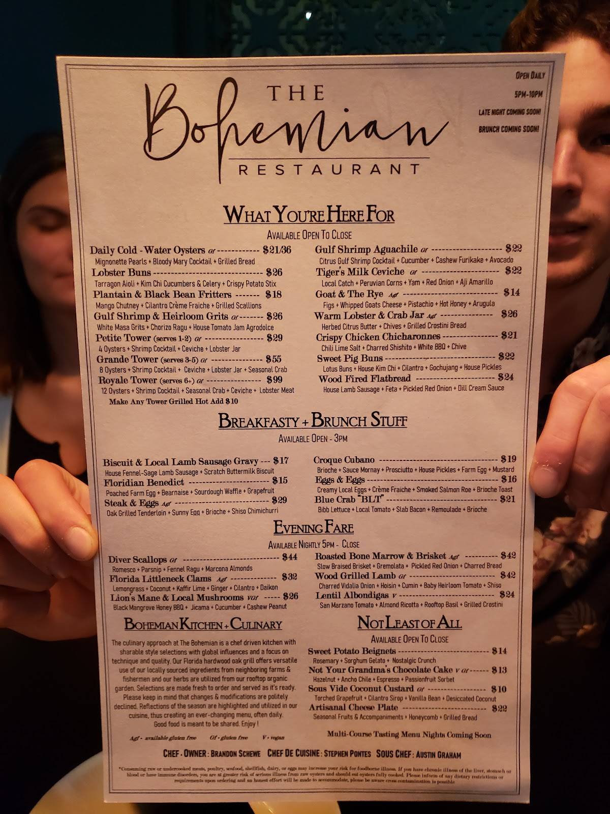 Menu at The Bohemian Restaurant, Bonita Springs