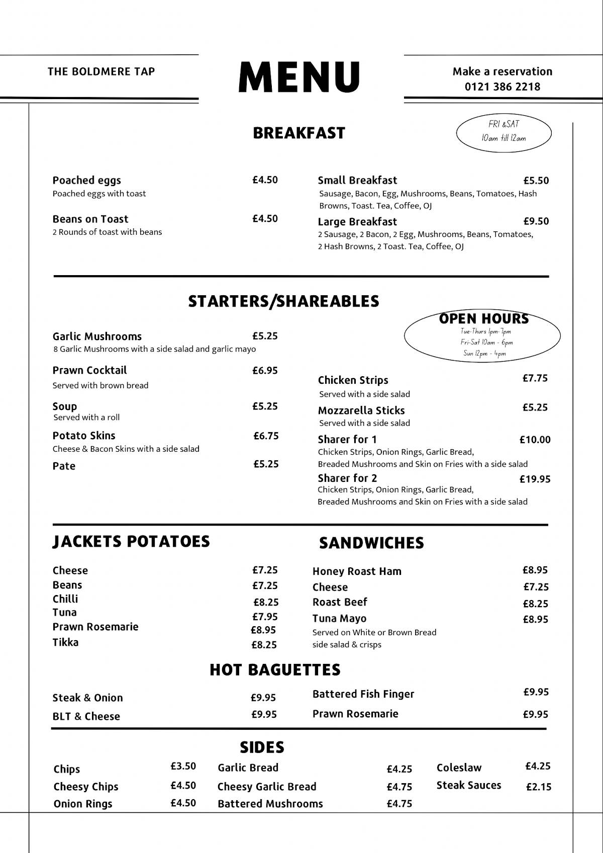 Menu at The Boldmere Tap pub & bar, Sutton Coldfield, 363 Boldmere Rd