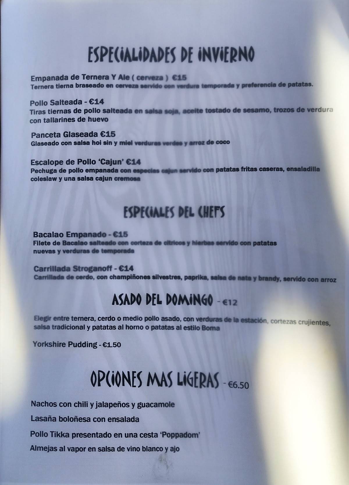 Carta del restaurante The Boma, Alhaurín el Grande, Av. del Mijas