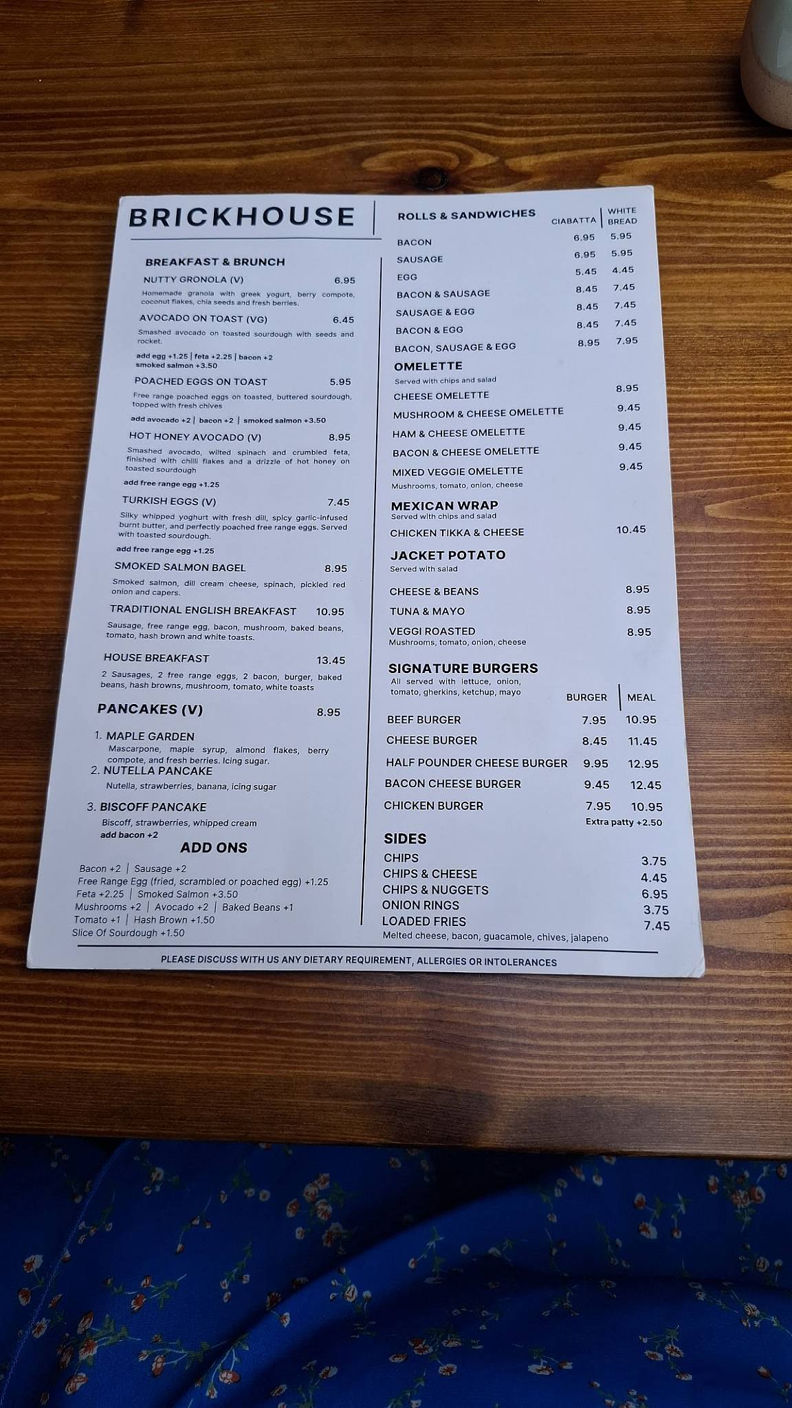 Menu at The Brickhouse Coffee cafe, Cambridge