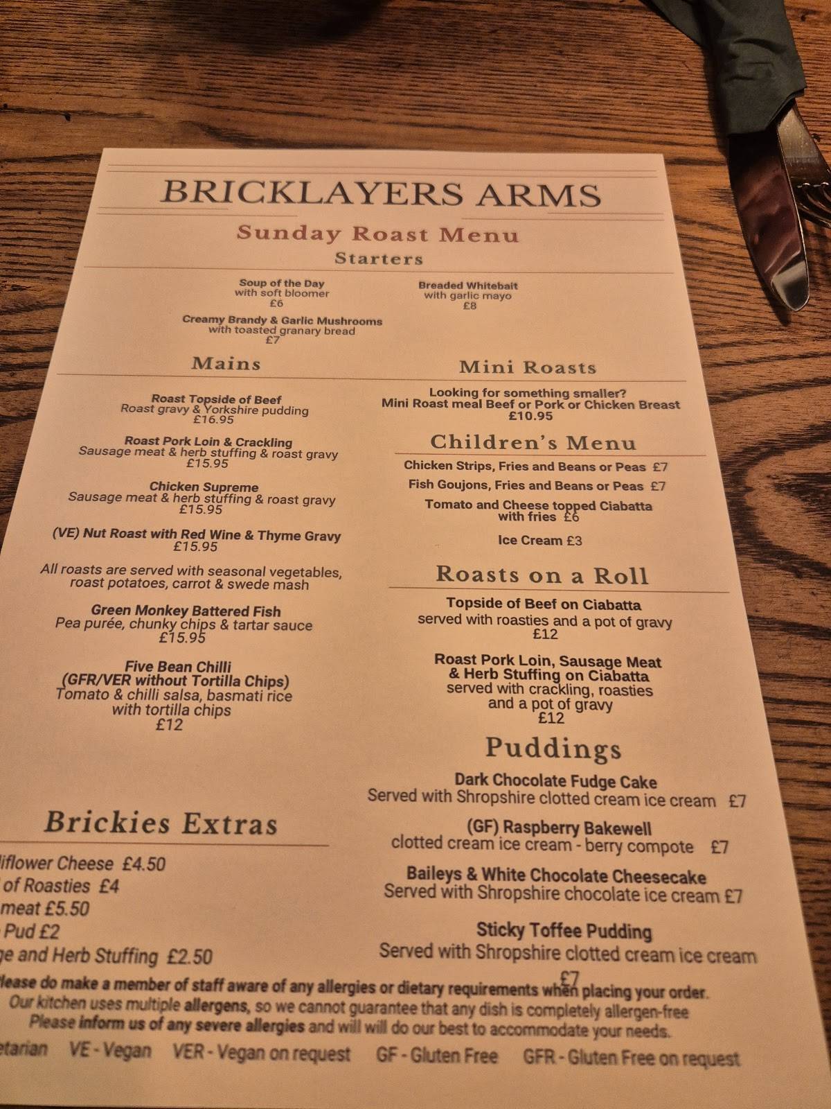 Menu at The Bricklayers Arms pub & bar, Shrewsbury, The Bricklayers Arms