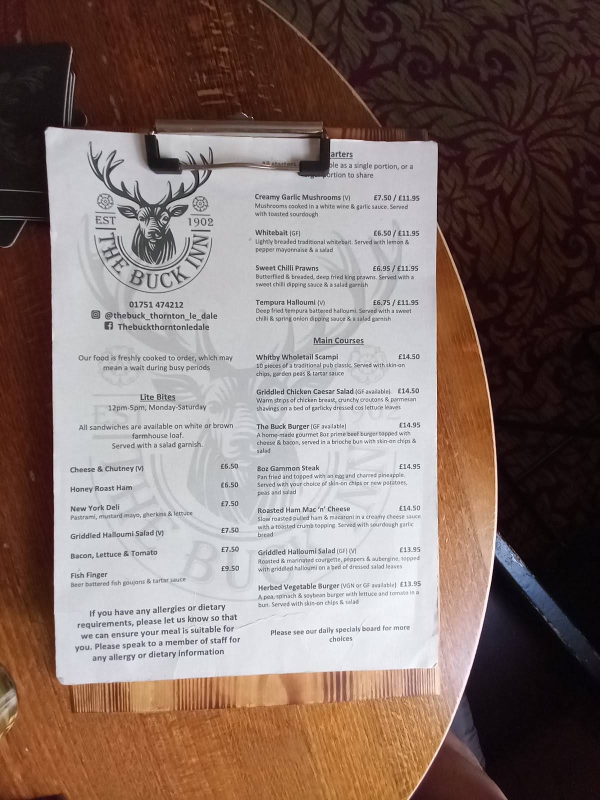 Menu at The Buck pub & bar, Thornton Dale