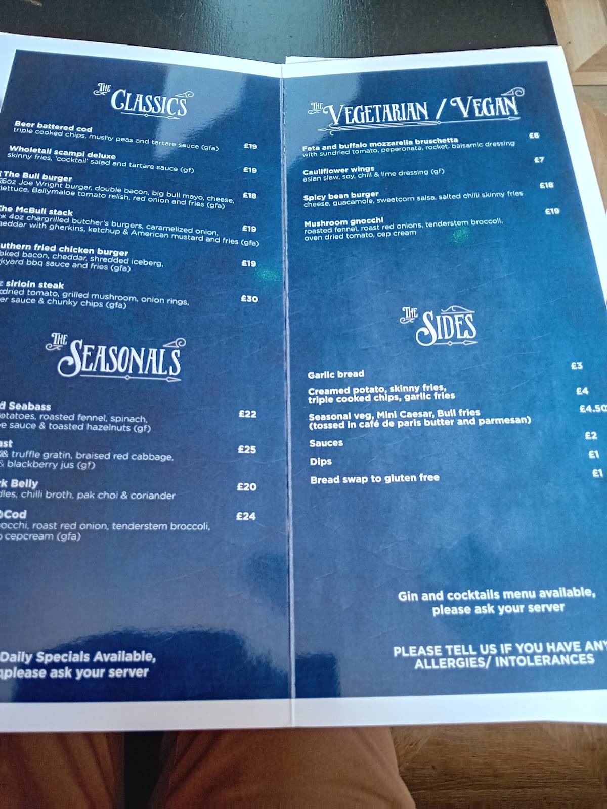 Menu at The Bull & Claw Donaghadee restaurant, Donaghadee