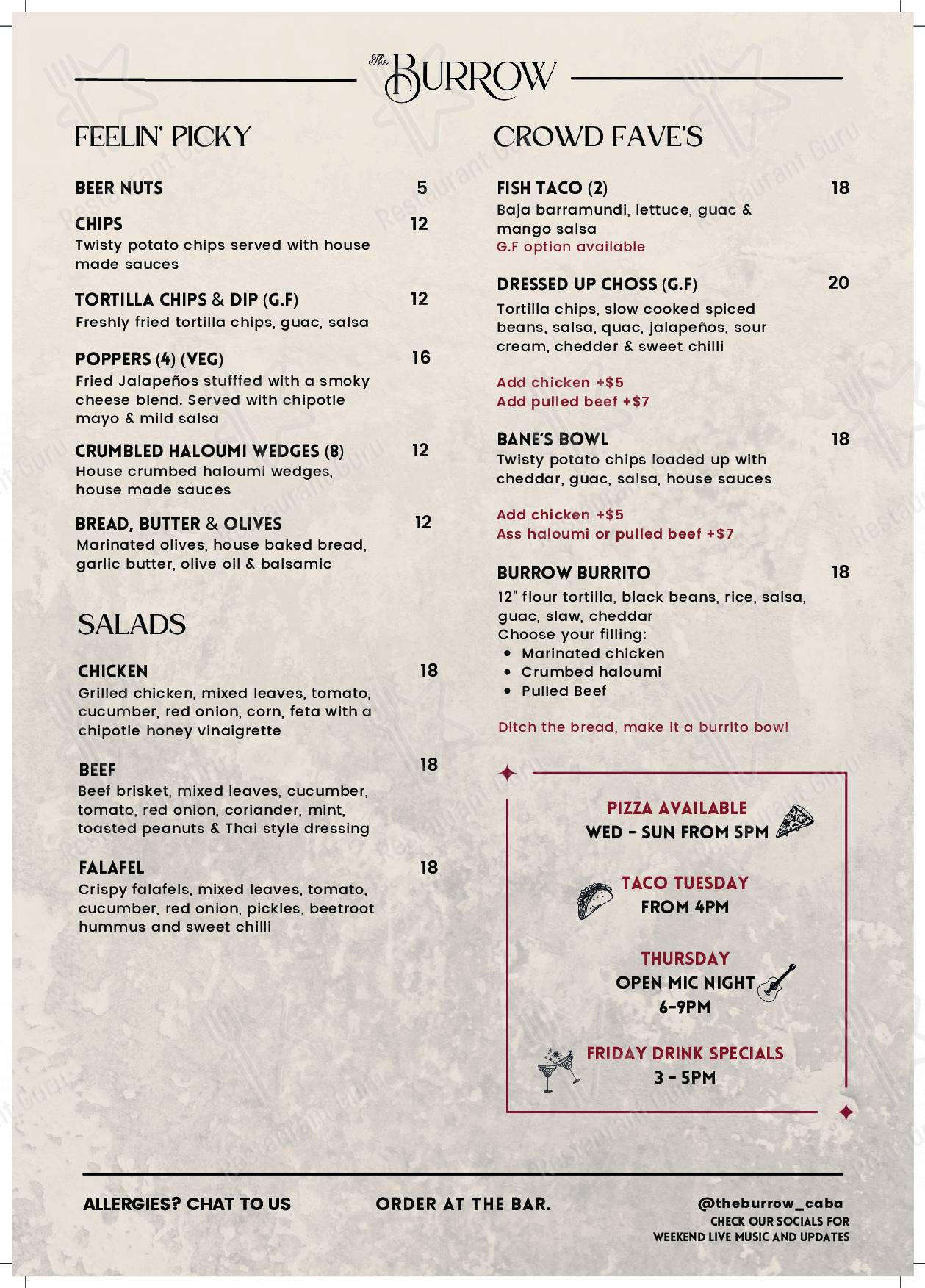 Menu at The Burrow Cabarita Beach, Bogangar