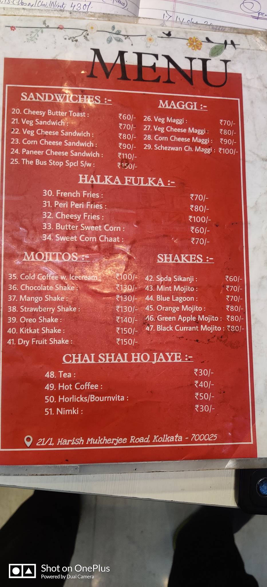 Menu at The Bus Stop Cafe, Kolkata