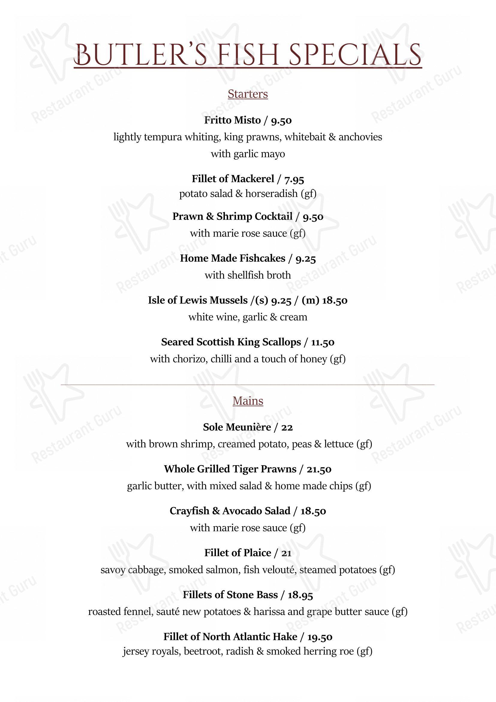 Menu at The Butlers Arms pub & bar, Sutton Coldfield