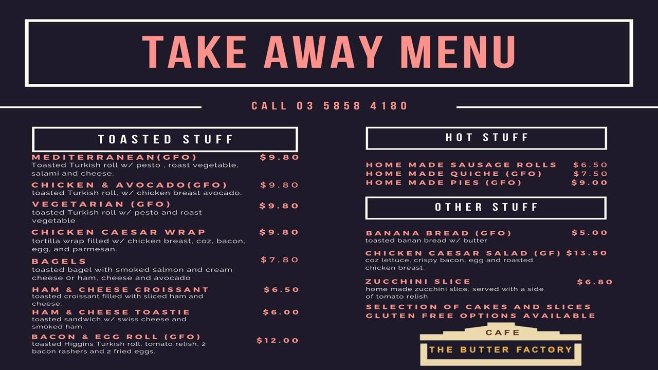 Menu at The Butter Factory Cafe, Shepparton