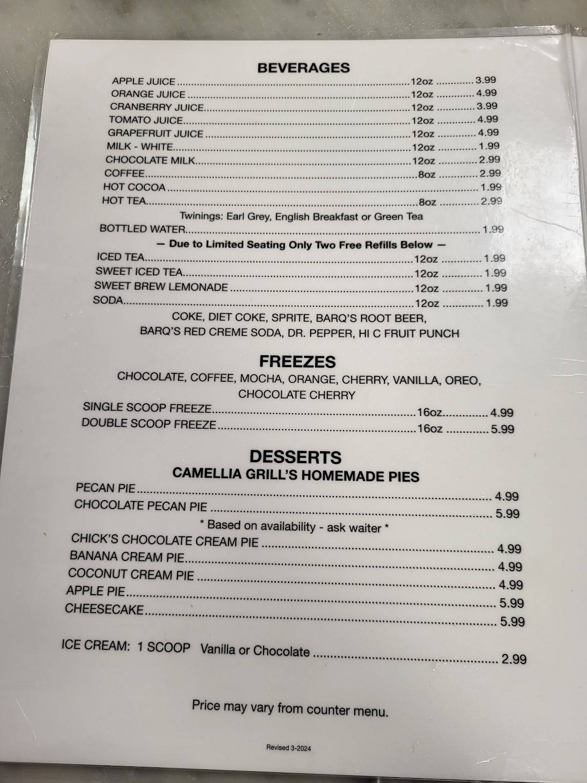 Menu at The Camellia Grill restaurant, New Orleans, 626 S Carrollton Ave