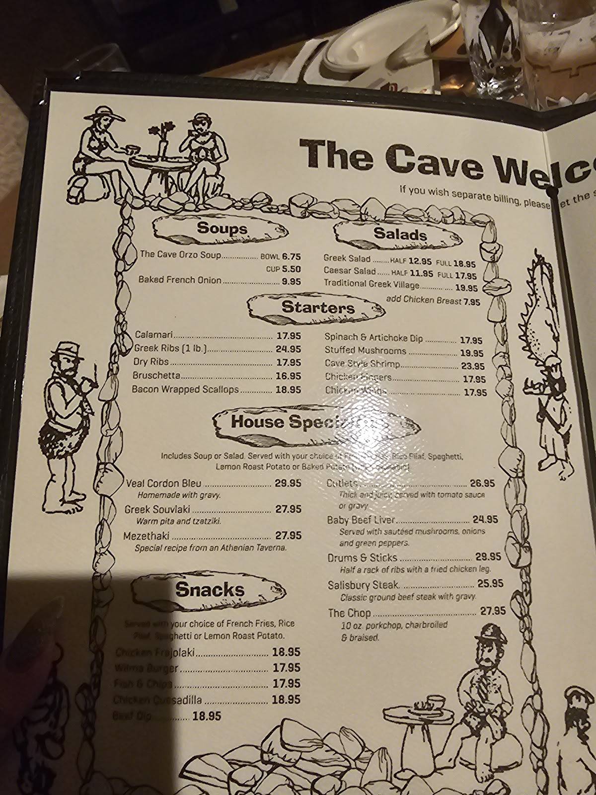 Menu at The Cave restaurant, Saskatoon