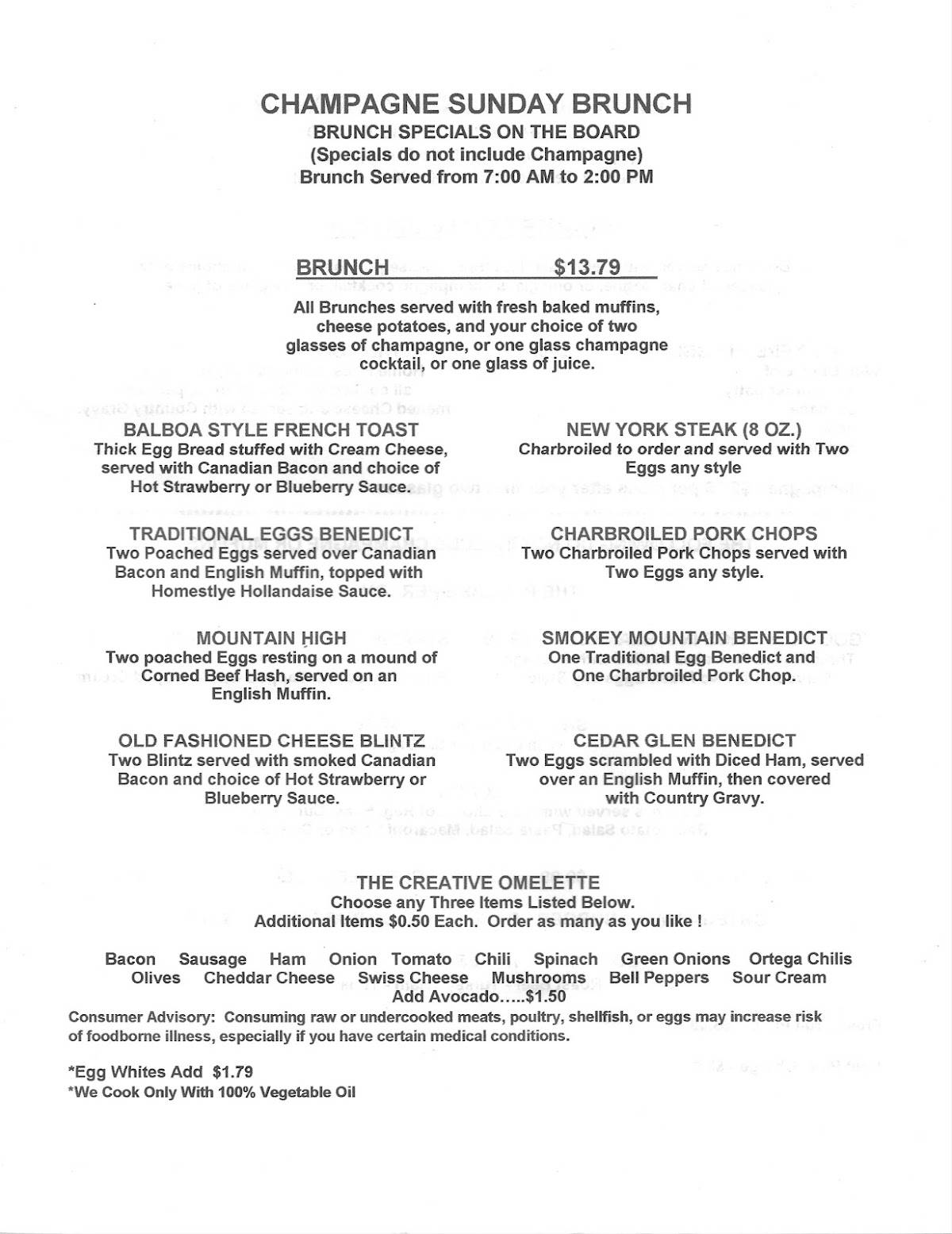 Menu at The Cedar Glen Inn restaurant, Lake Arrowhead