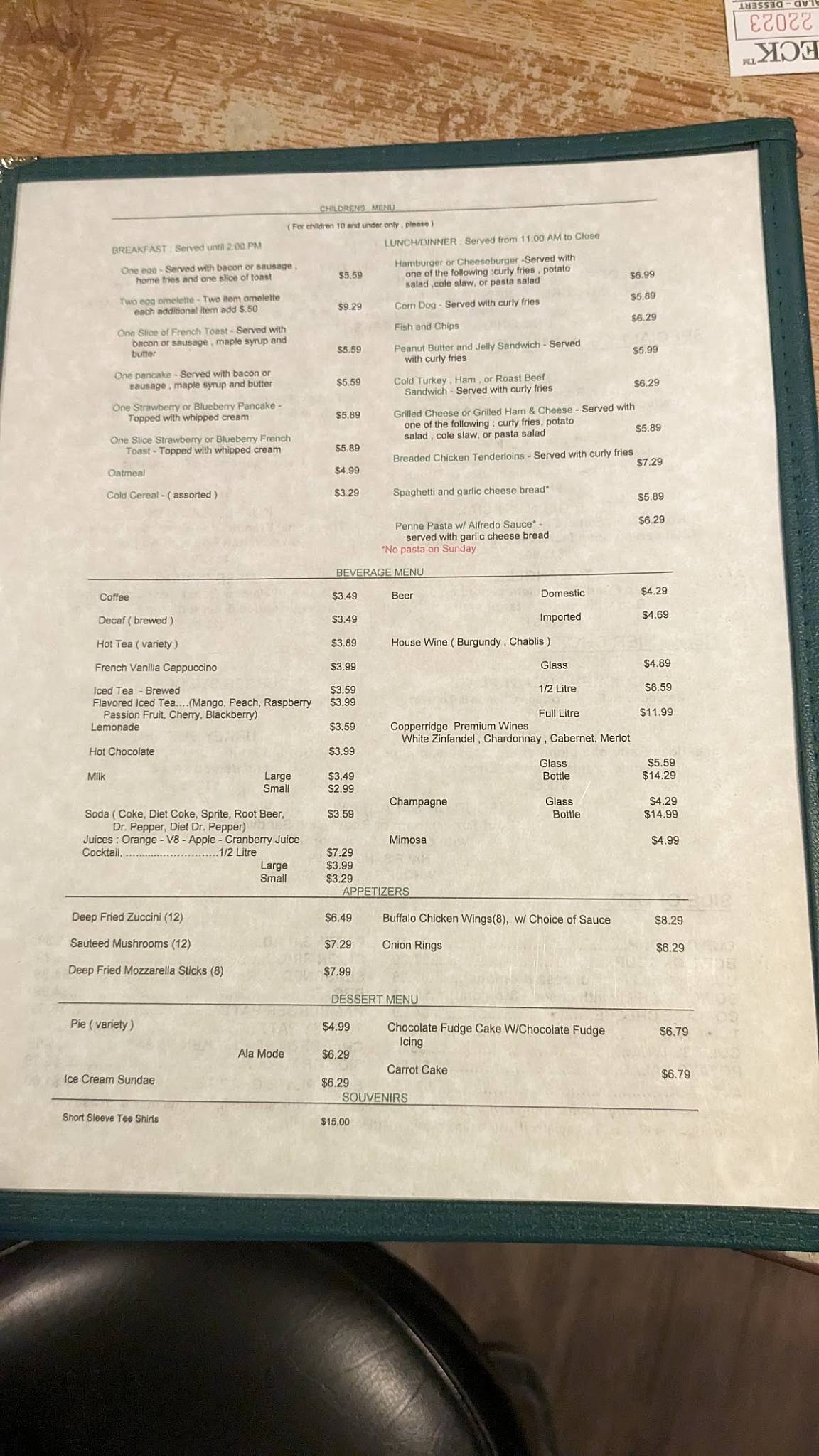 Menu at The Cedar Glen Inn restaurant, Lake Arrowhead