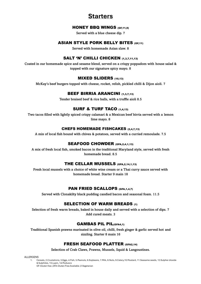 Menu at The Cellar Restaurant, Ballycastle