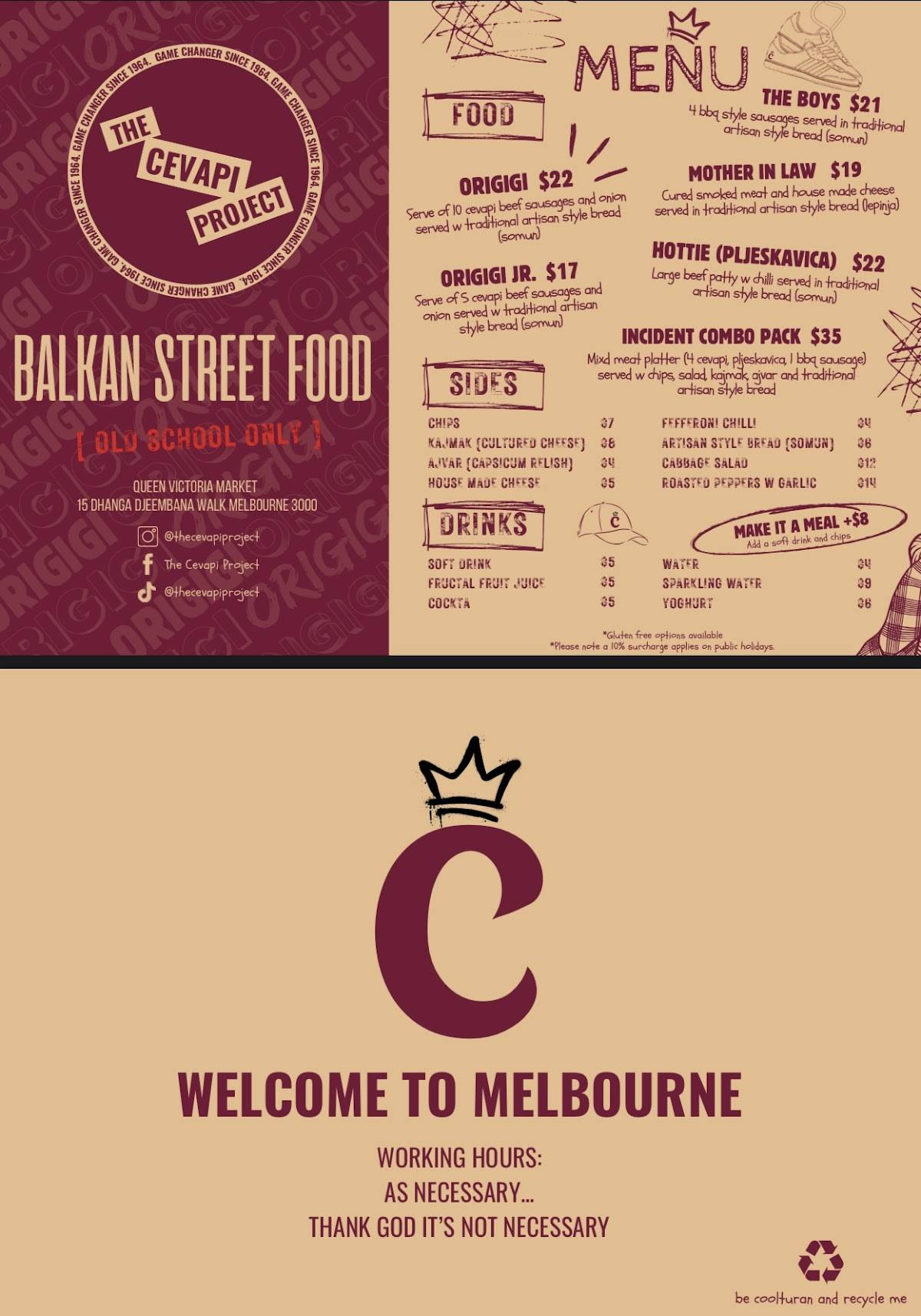 Menu at The Cevapi Project, Melbourne