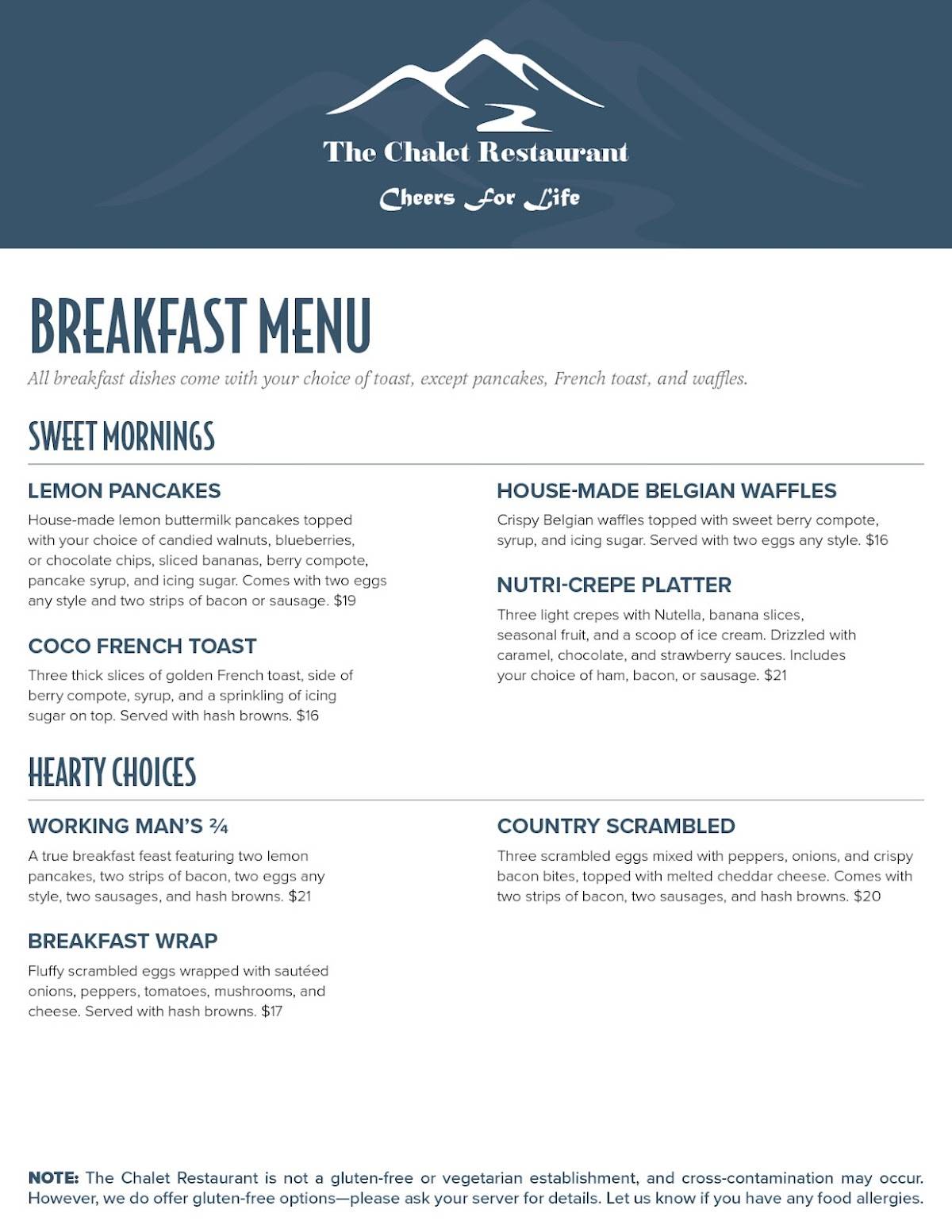 Menu at The Chalet Restaurant, Kitimat