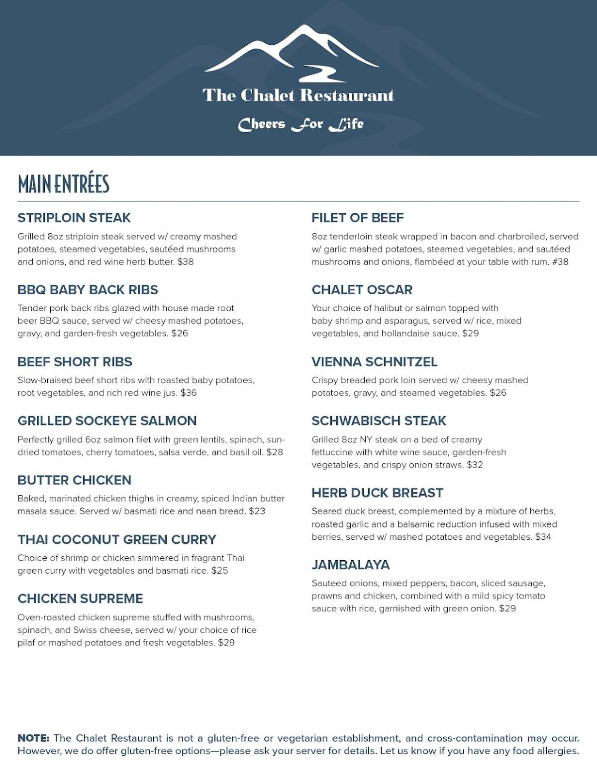 Menu at The Chalet Restaurant, Kitimat