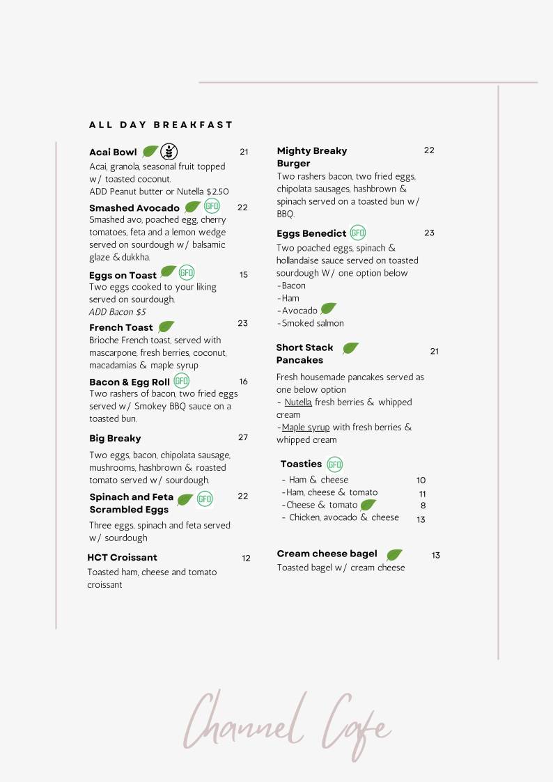 Menu at The Channel Cafe, Swansea