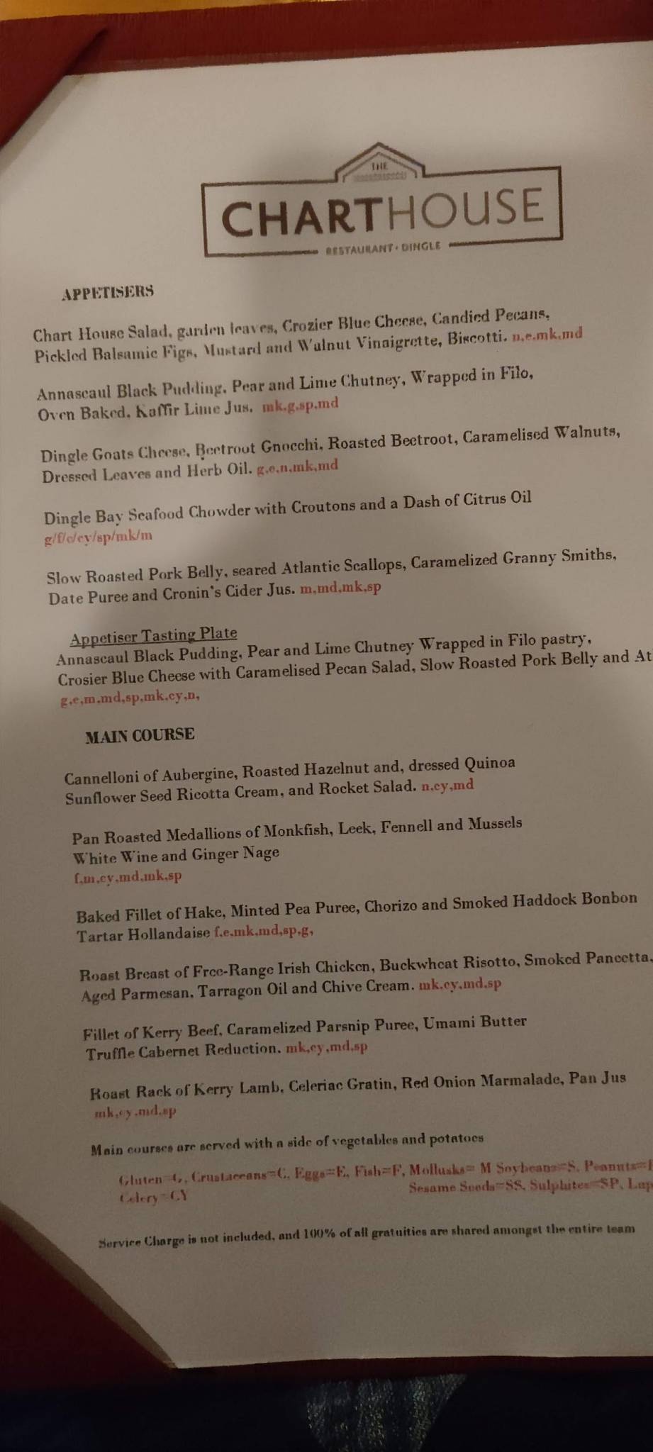 Menu at The Chart House restaurant, Dingle