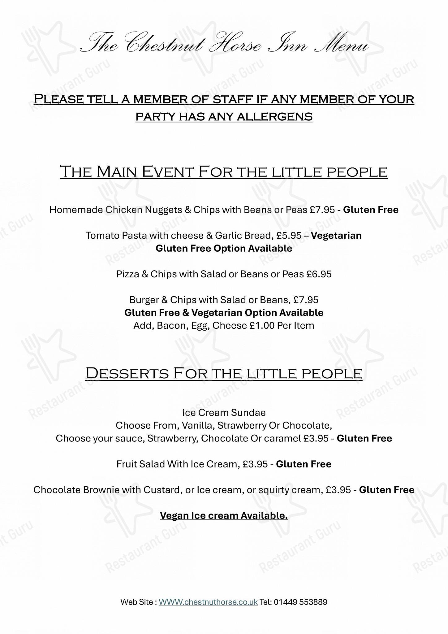 Menu at The Chestnut Horse, Gt. Finborough restaurant, Great Finborough ...