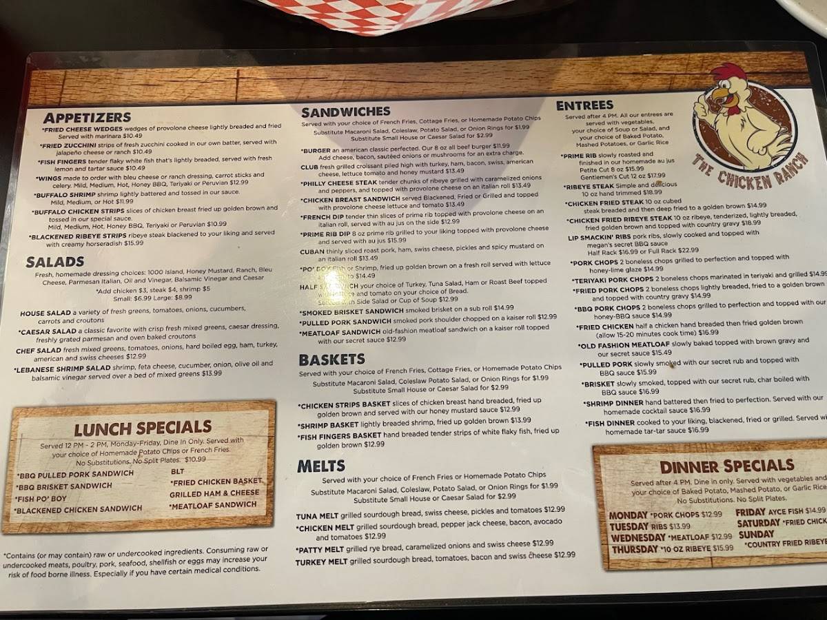 Menu at The Chicken Ranch restaurant, Surprise