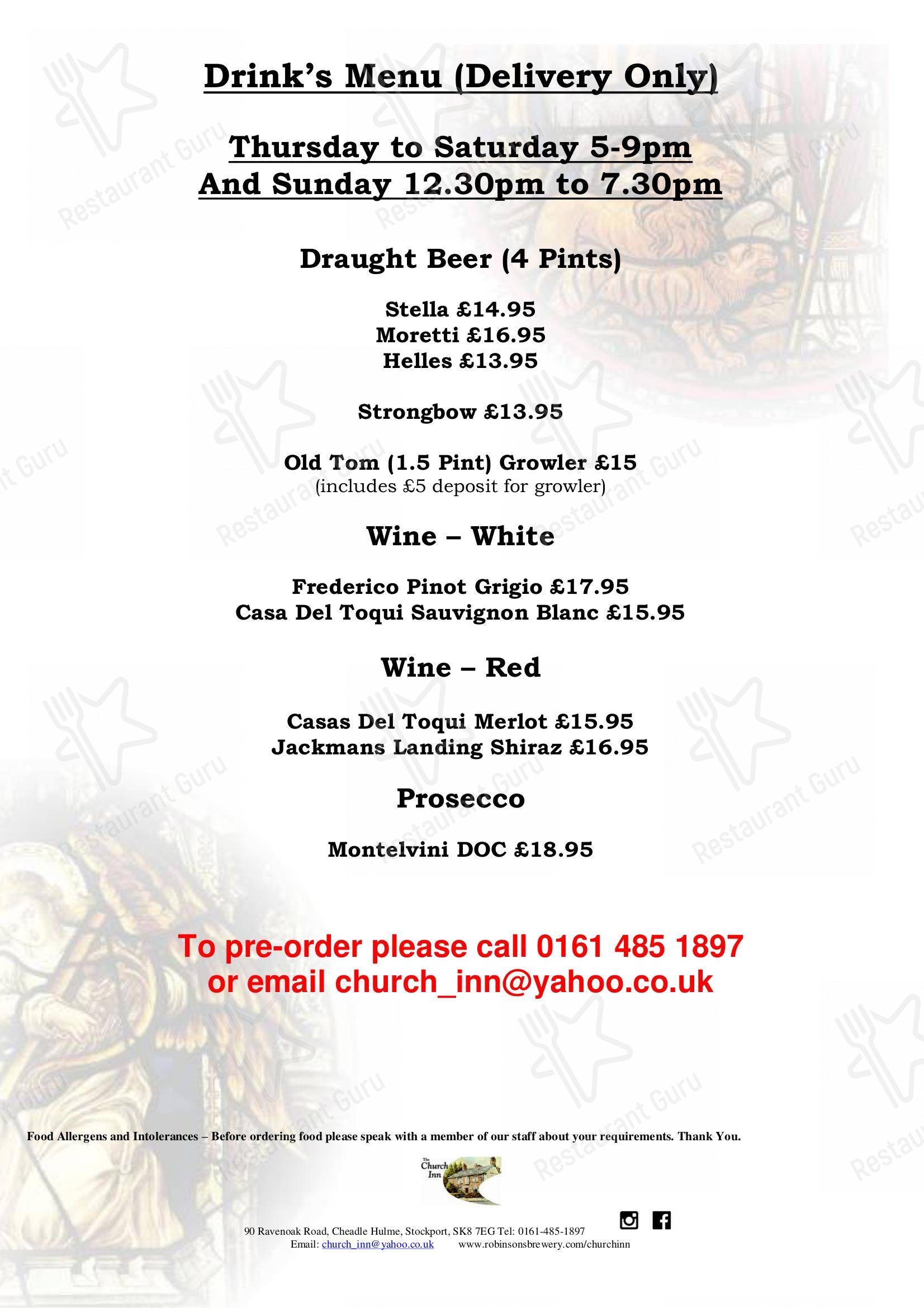 Menu at The Church Inn pub & bar, Cheadle, 90 Ravenoak Rd