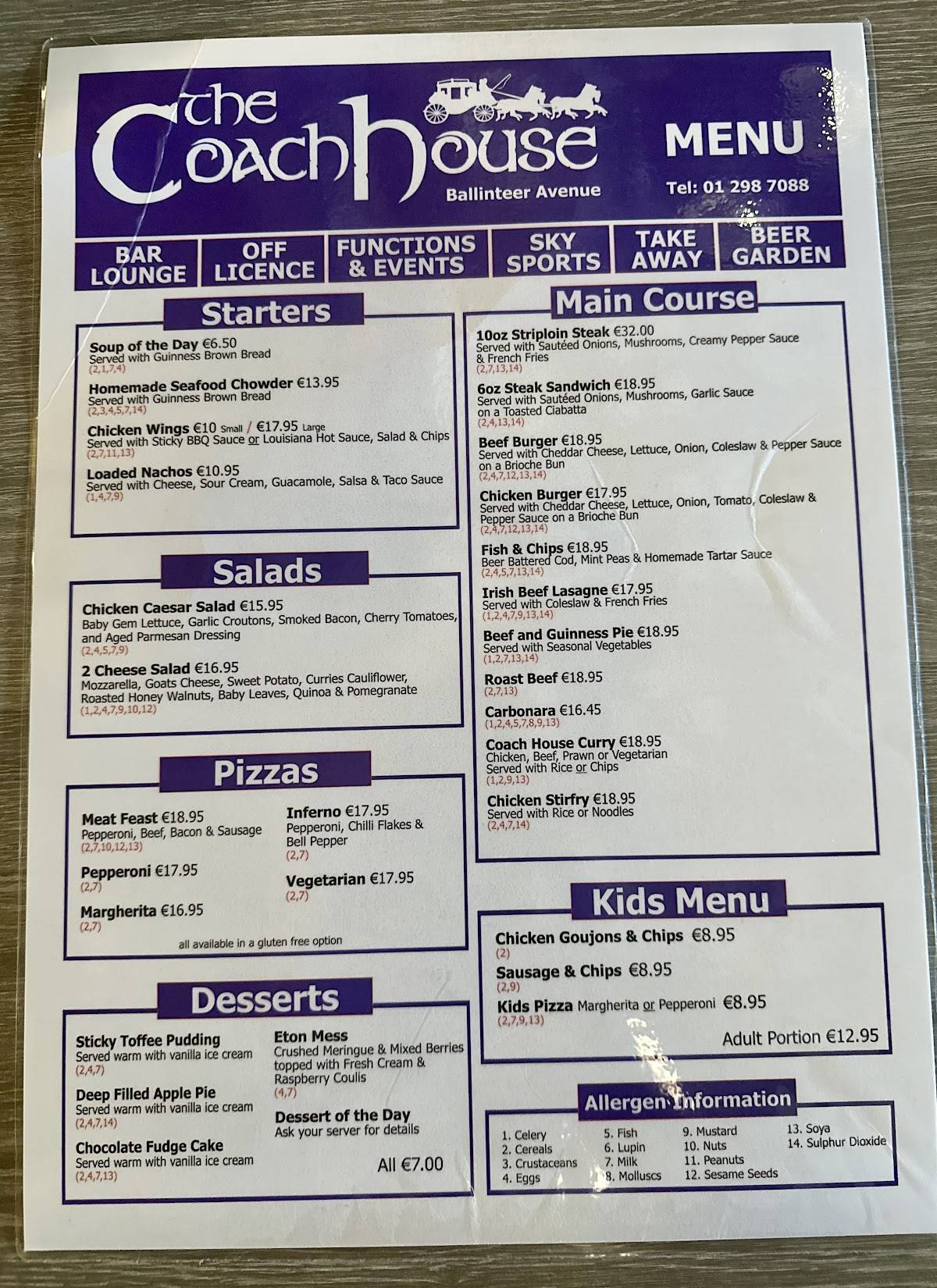 Menu at The Coach House Pub, Dublin, 16 Ballinteer Ave