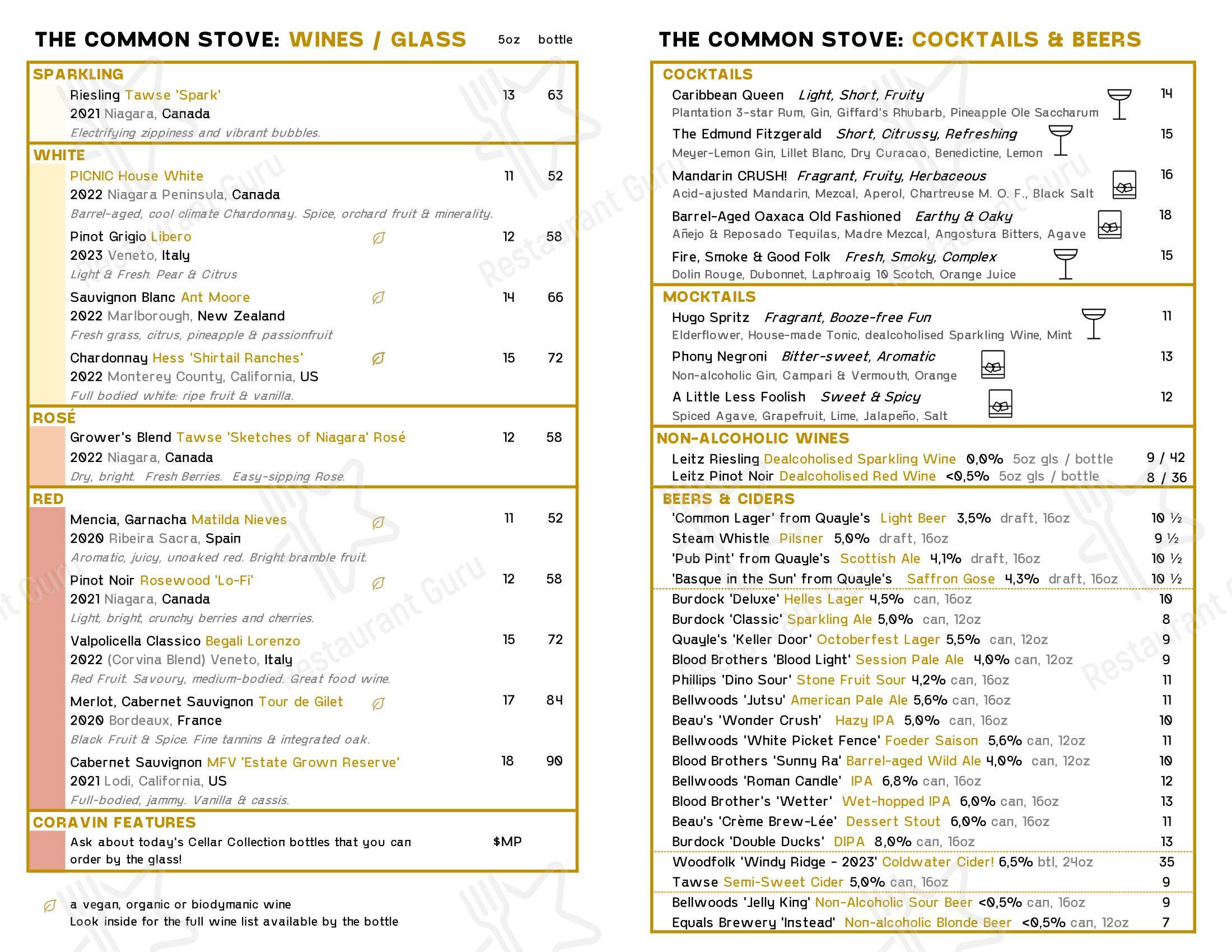 Menu at The Common Stove steakhouse, Orillia