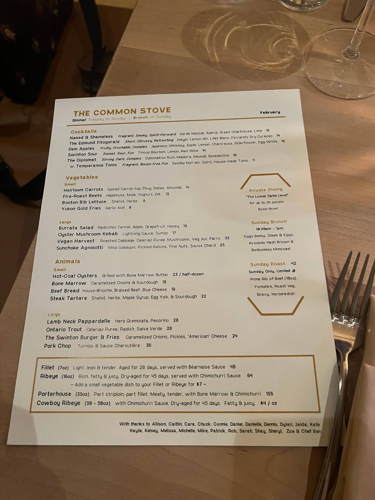 Menu at The Common Stove steakhouse, Orillia