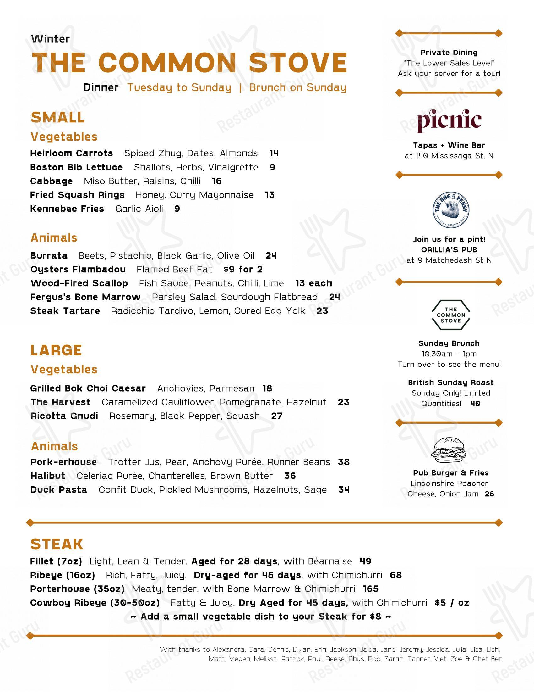 Menu at The Common Stove steakhouse, Orillia