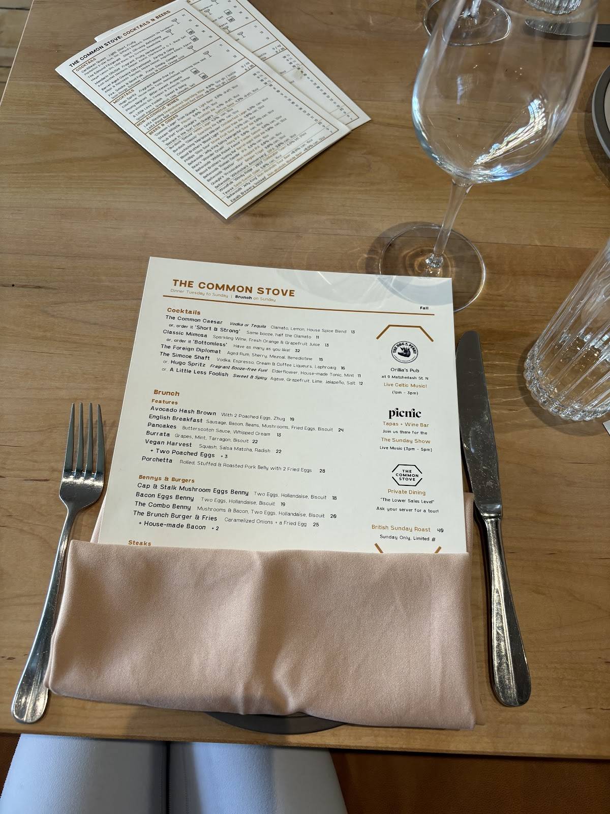 Menu at The Common Stove steakhouse, Orillia