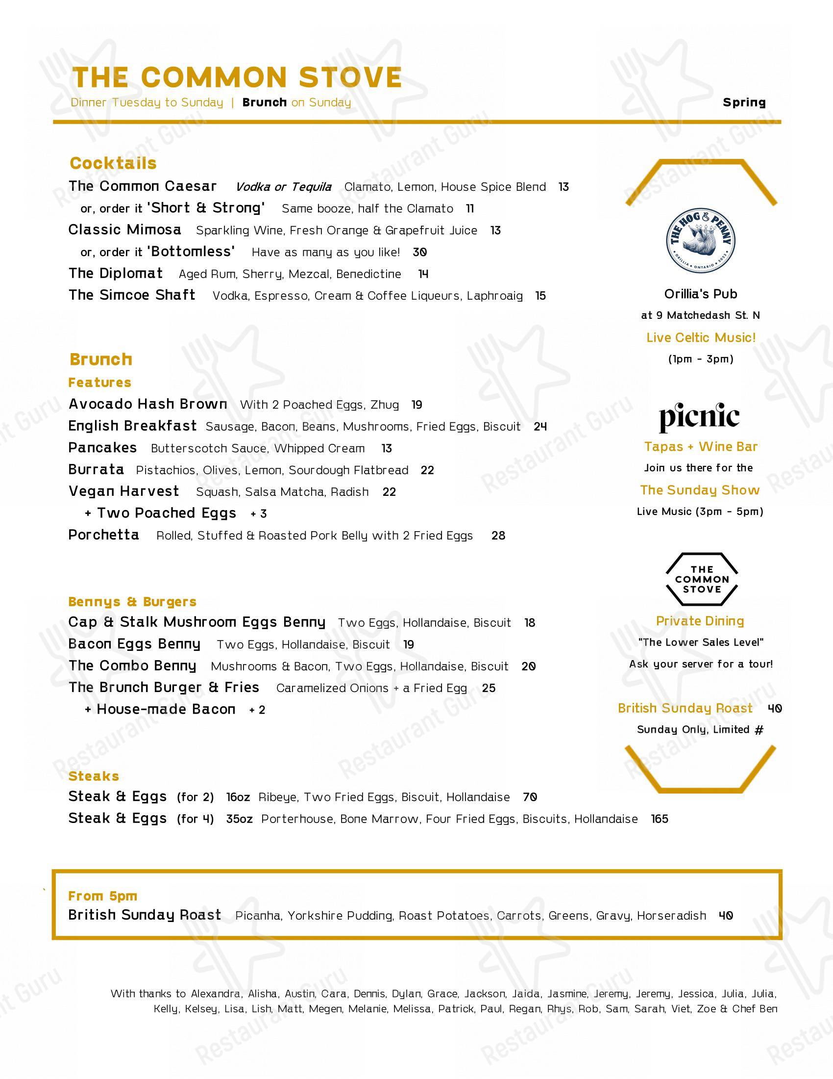 Menu at The Common Stove steakhouse, Orillia