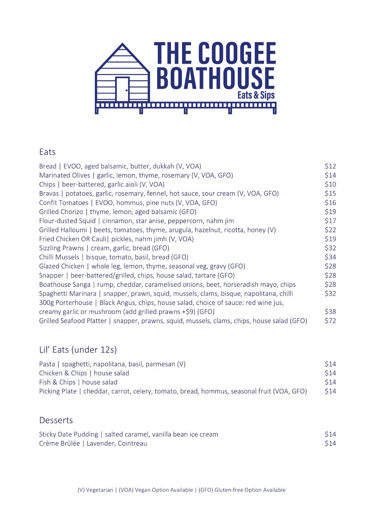 Menu at The Coogee Boathouse Eats & Sips pub & bar, North Coogee