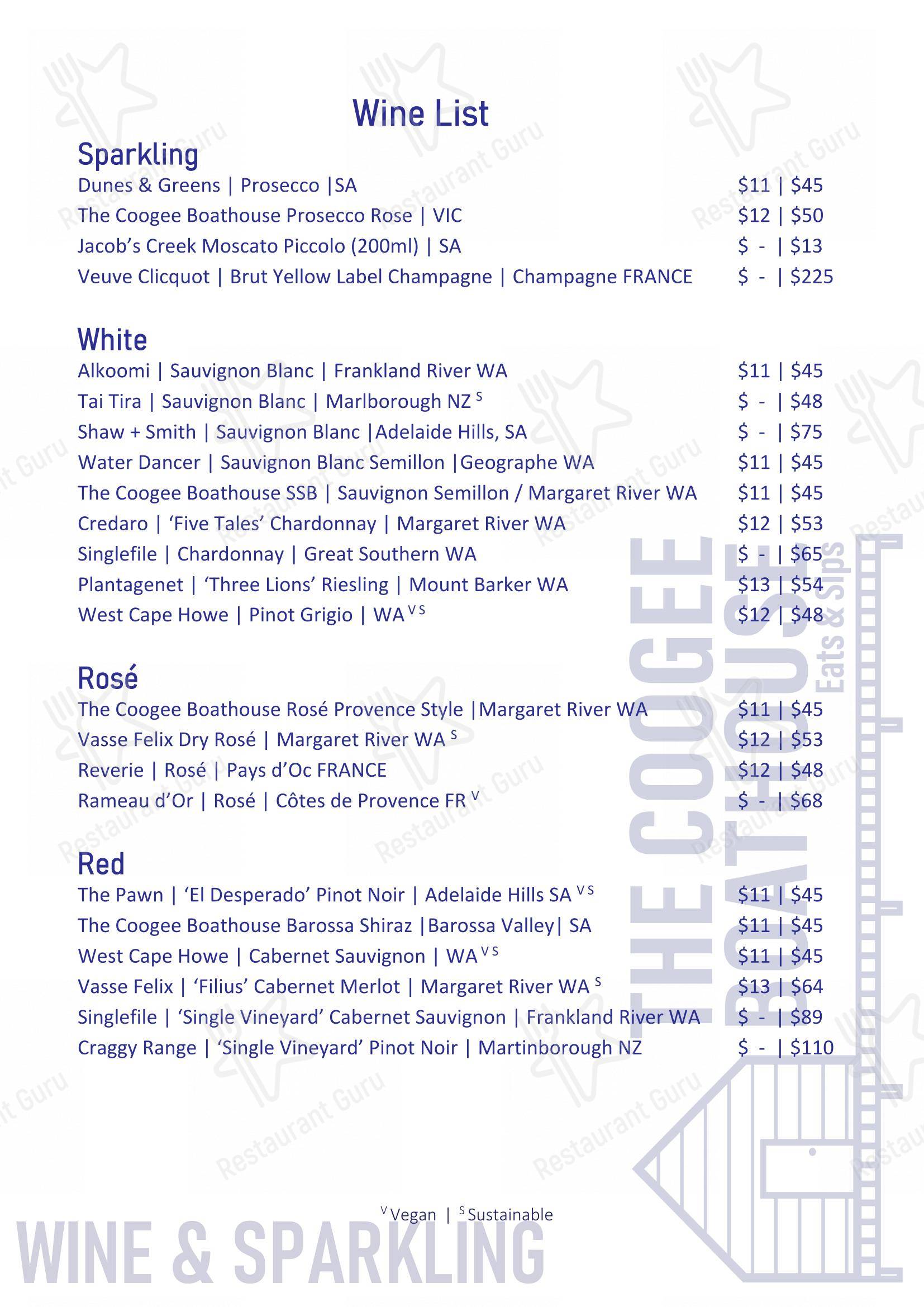 Menu at The Coogee Boathouse Eats & Sips pub & bar, North Coogee