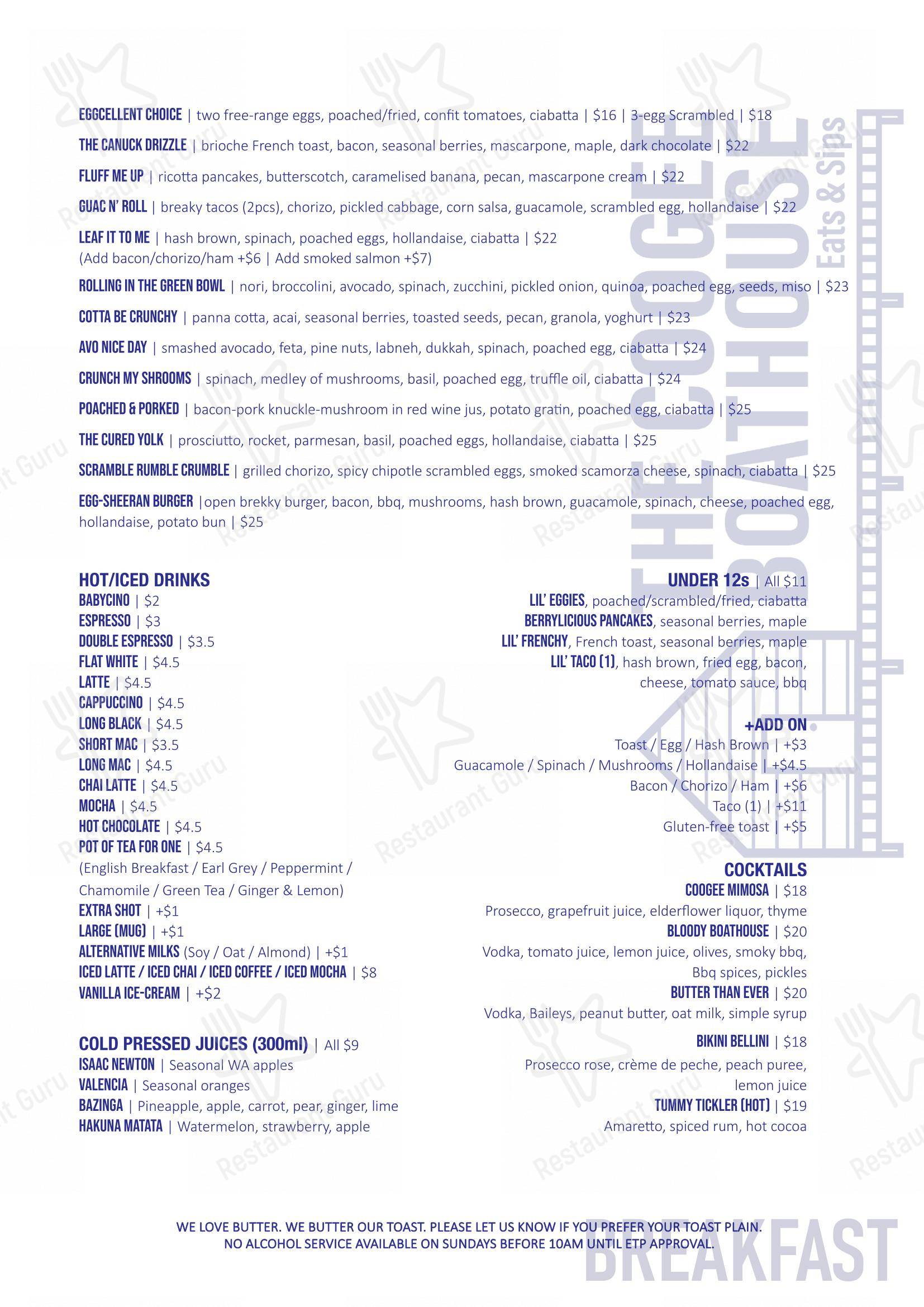 Menu at The Coogee Boathouse Eats & Sips pub & bar, North Coogee
