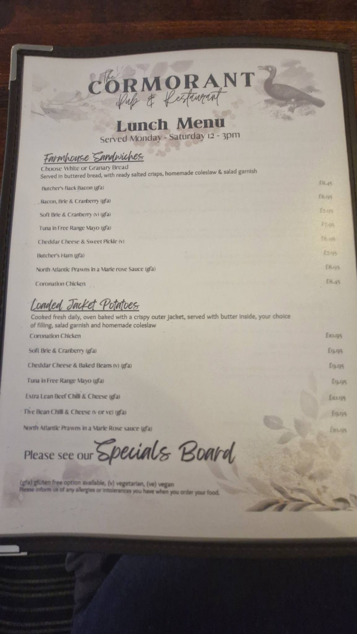 Menu at The Cormorant Pub & Restaurant, Portchester